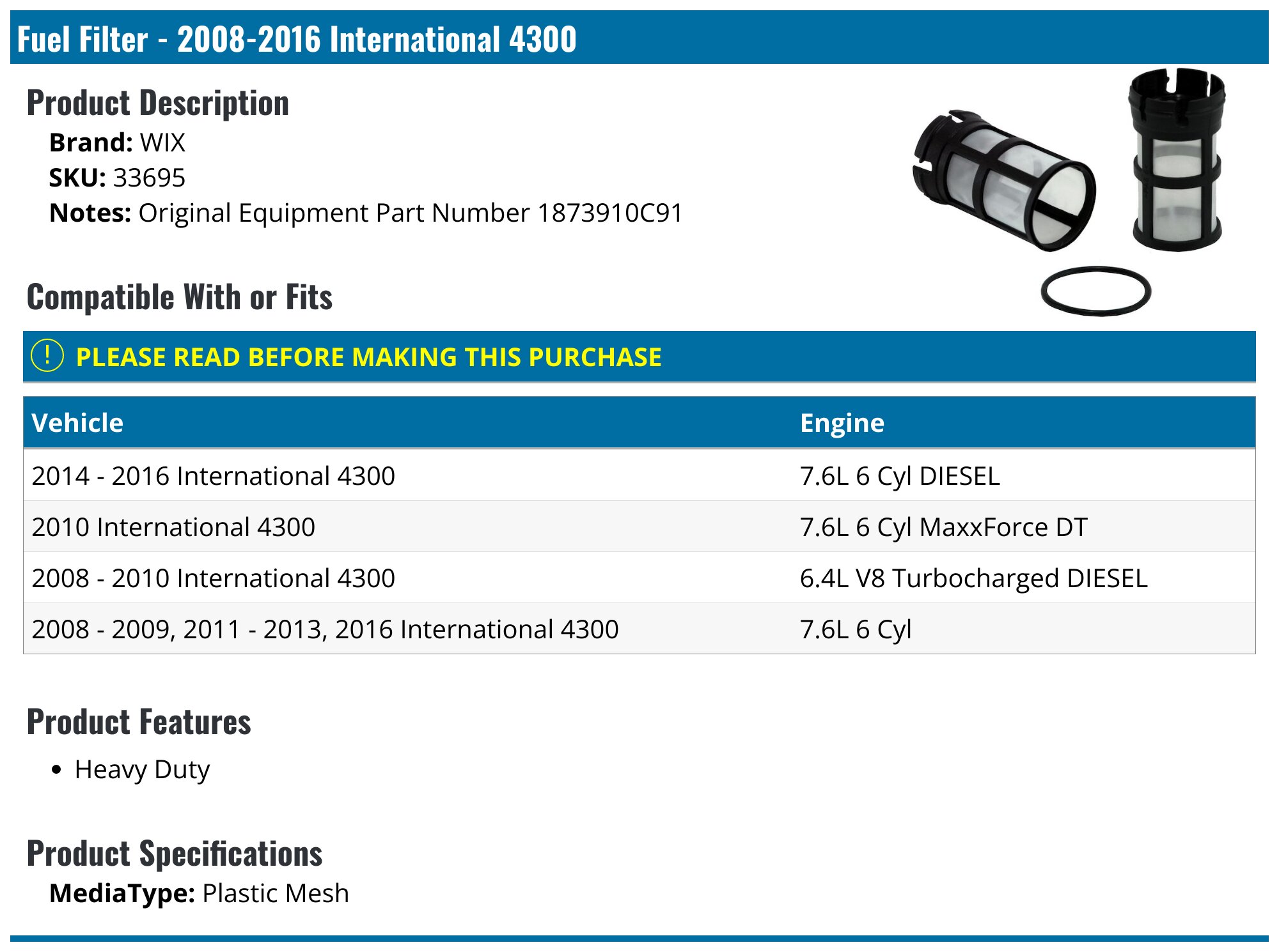 2008-2016 International 4300 Fuel Filter - WIX 33695 - - PartsGeek.com