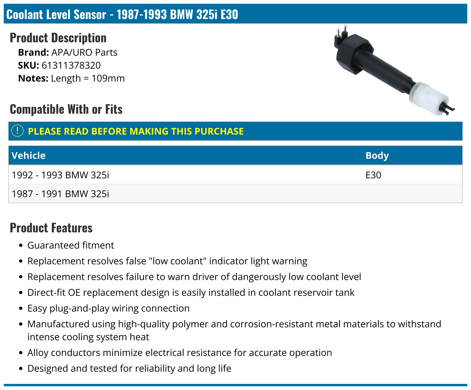 1987-1993 BMW 325i Coolant Level Sensor - APA/URO Parts 61311378320 ...