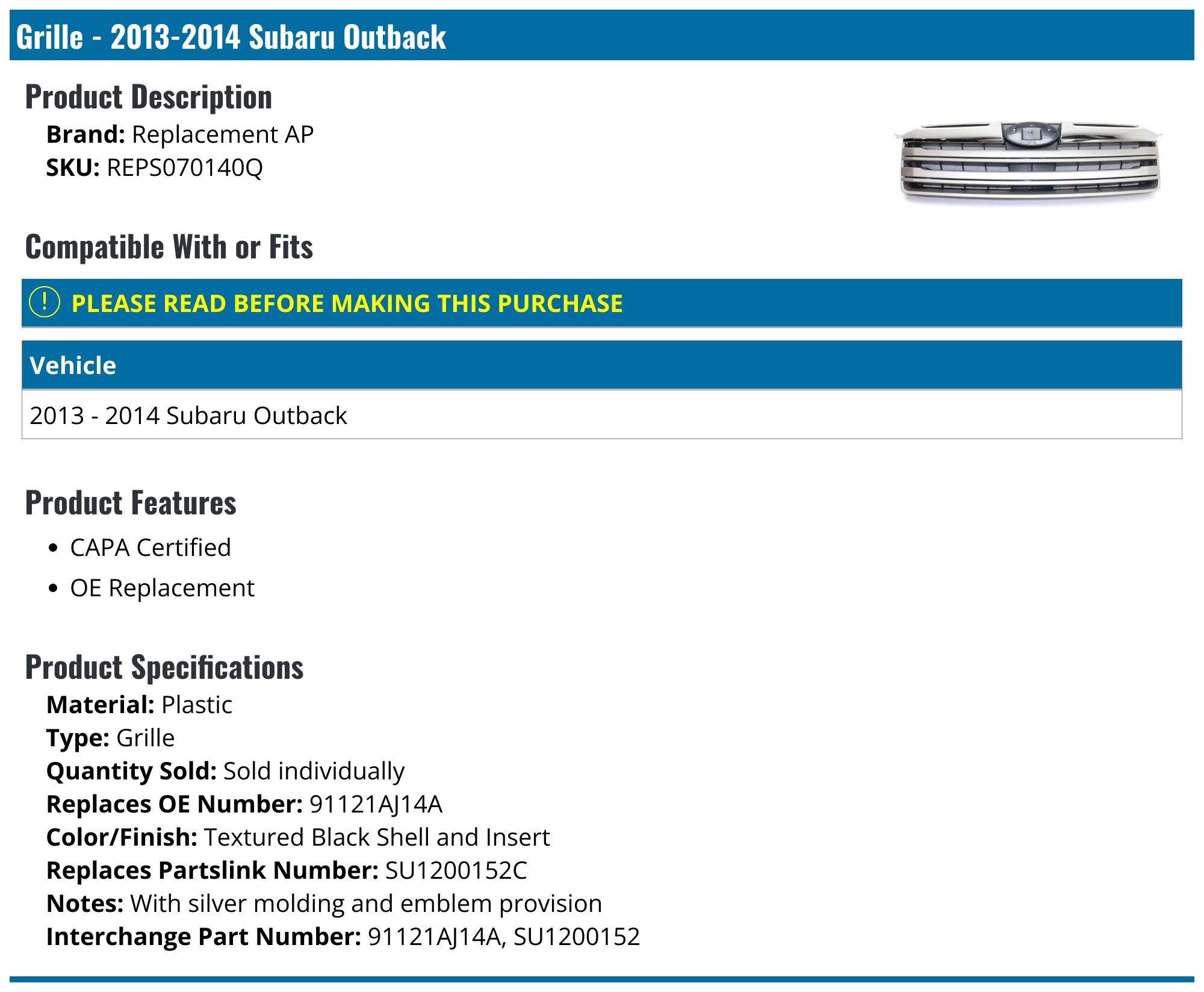 2013-2014 Subaru Outback Grille Assembly - Replacement AP REPS070140Q ...
