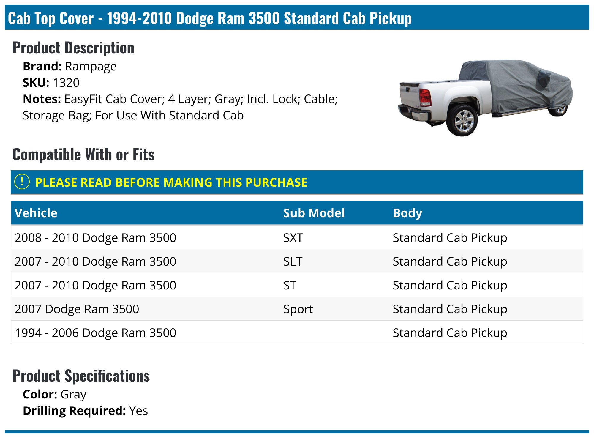 1994-2010 Dodge Ram 3500 Cab Top Cover - Rampage 1320 - PartsGeek.com