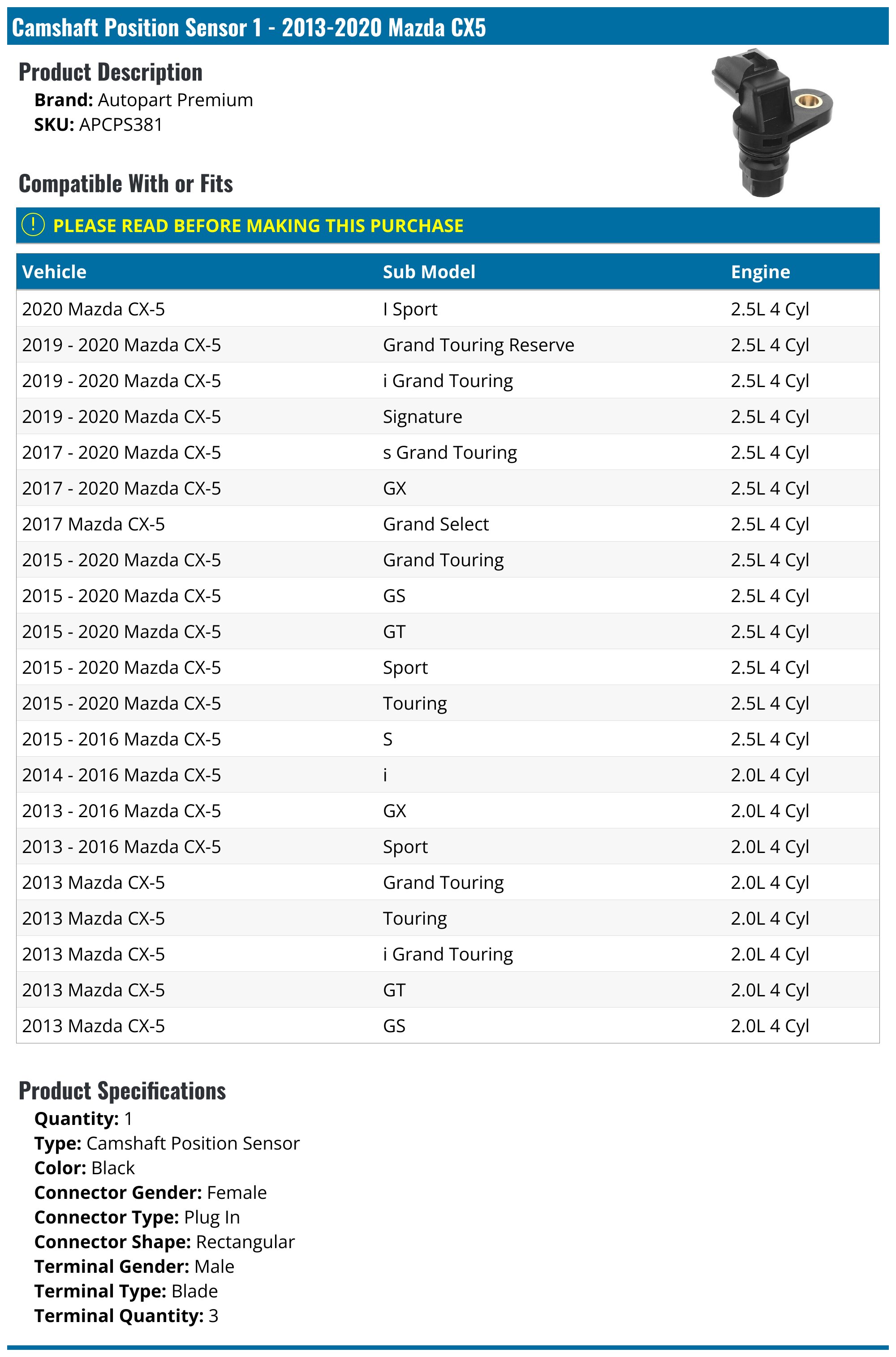2013-2020 Mazda CX5 Camshaft Position Sensor - Autopart Premium ...