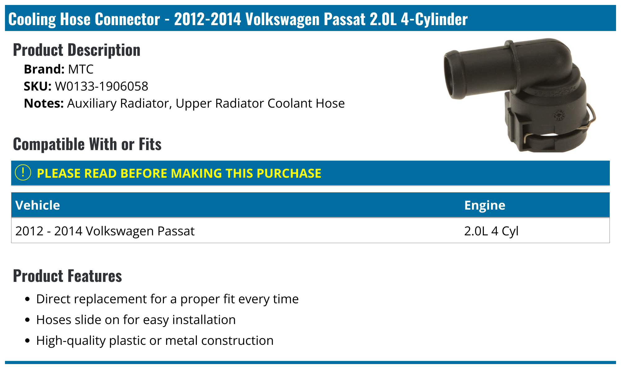2012-2014 Volkswagen Passat Cooling Hose Connector - MTC W0133-1906058 ...