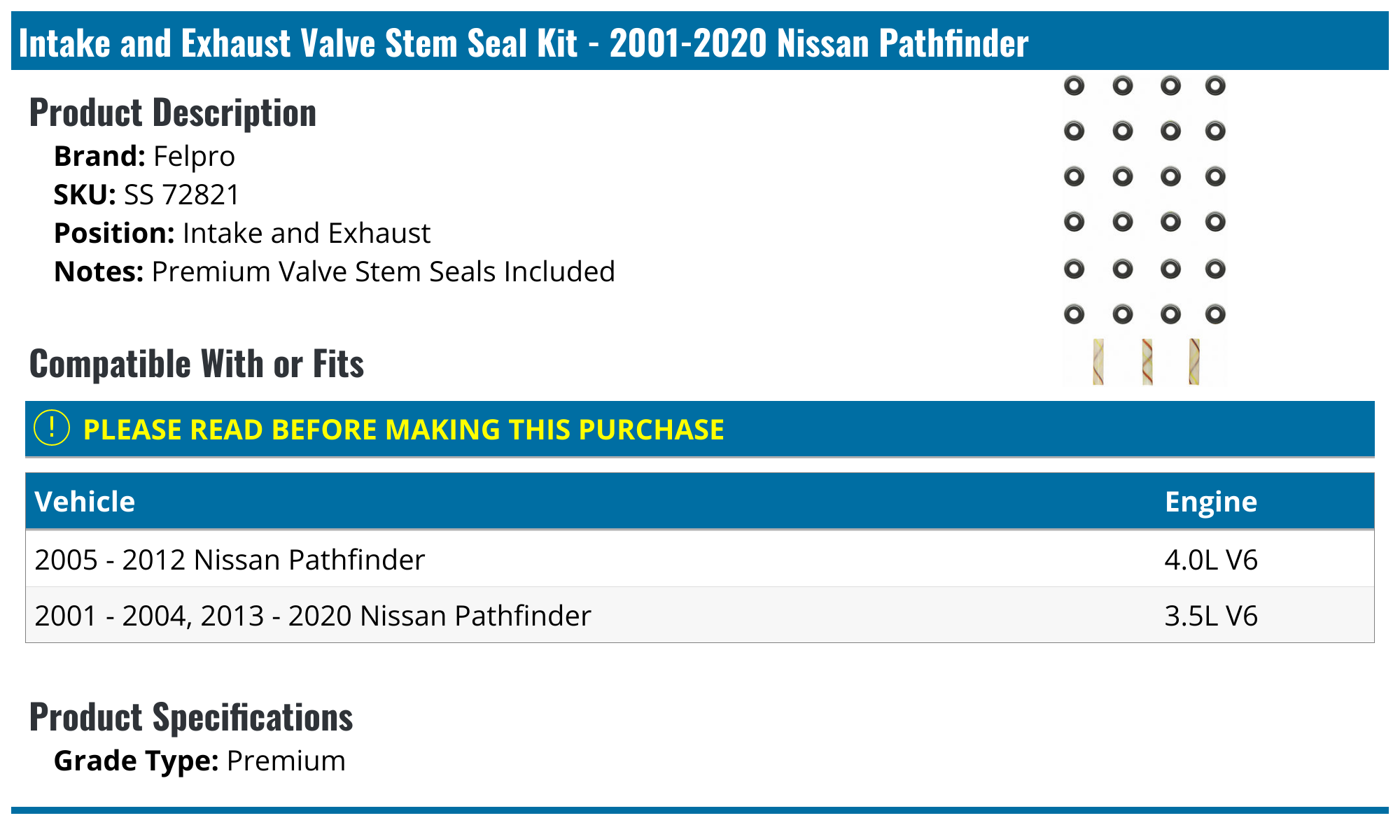 2001-2020, 2022-2024 Nissan Pathfinder Valve Stem Seal Kit - Felpro SS ...
