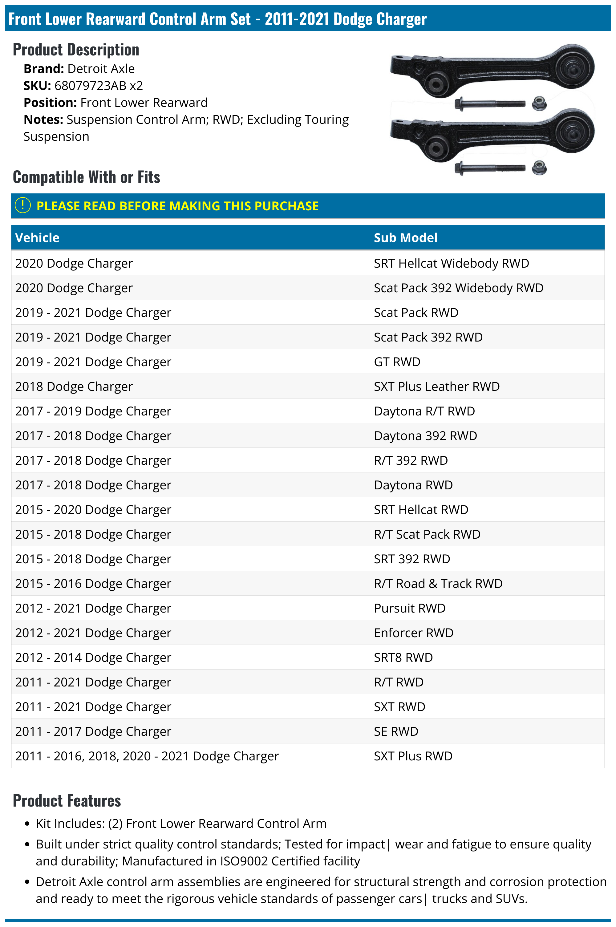2011-2023 Dodge Charger Control Arm - Detroit Axle 68079723AB x2 ...