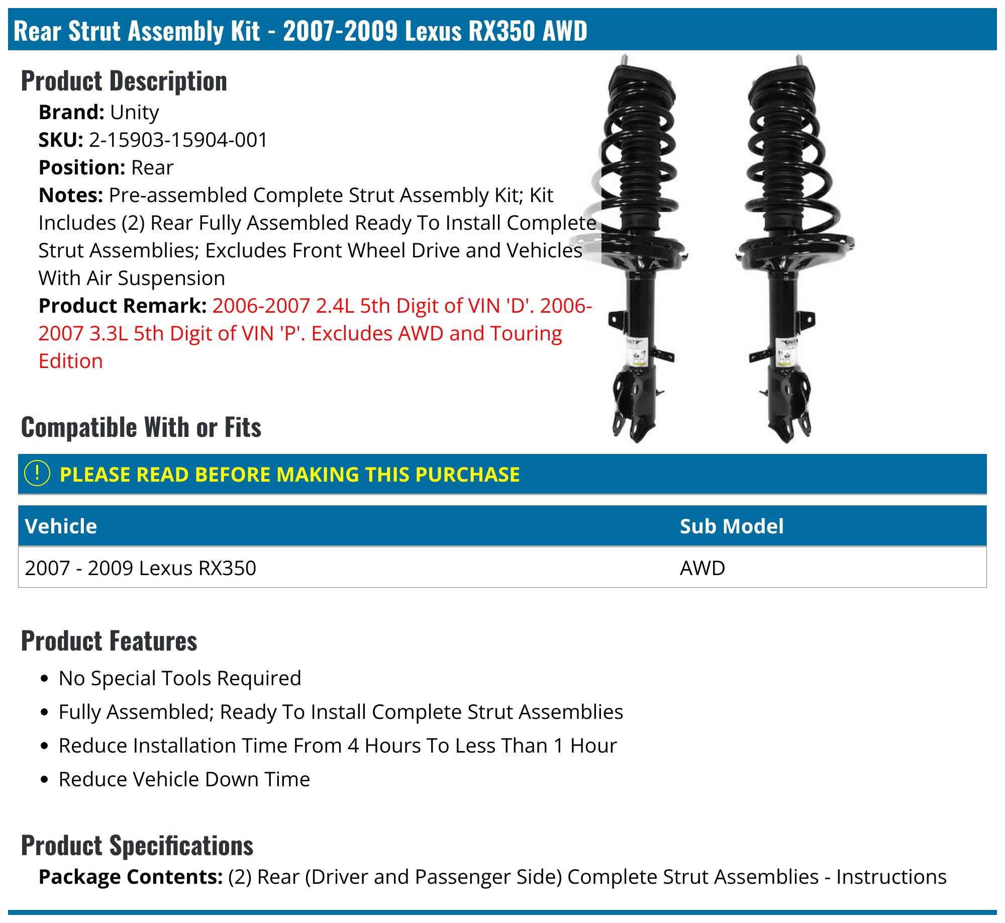 2007-2009 Lexus RX350 Strut Assembly - Unity 2-15903-15904-001 - Rear ...