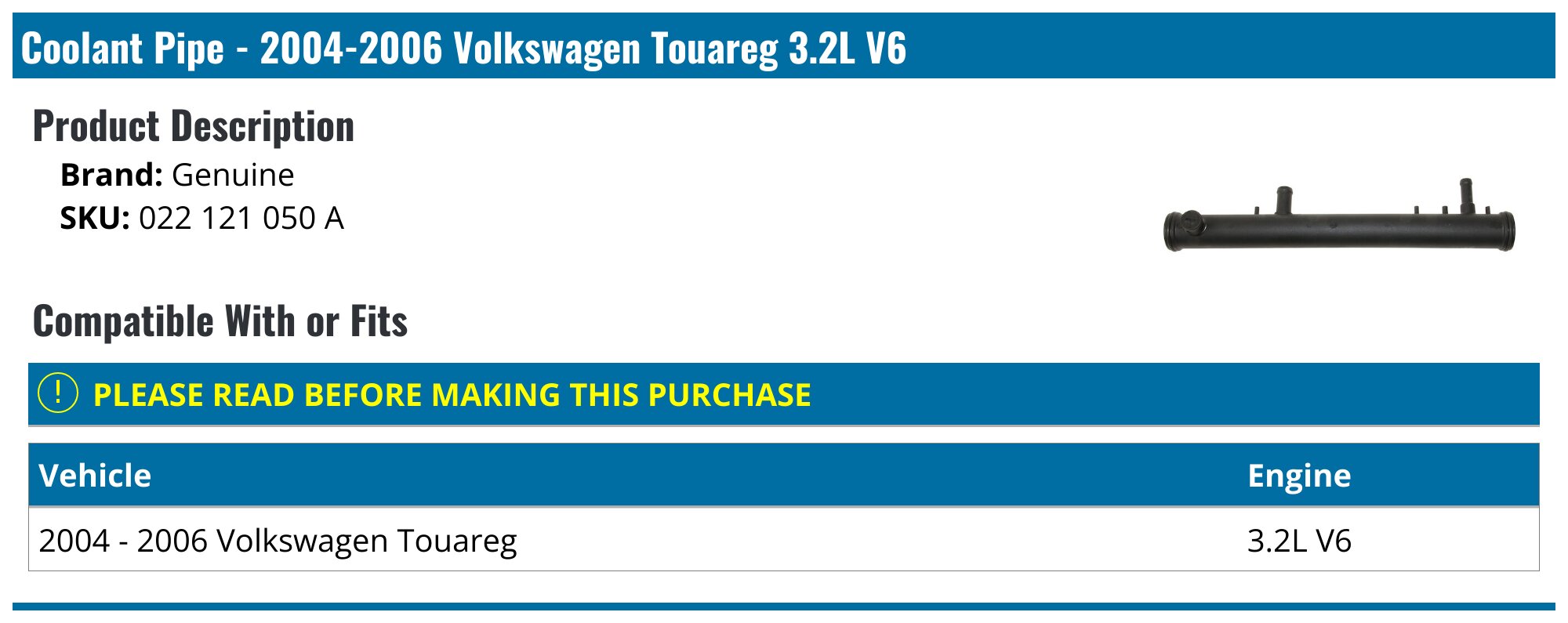 2004-2006 Volkswagen Touareg Coolant Pipe - Genuine 022 121 050 A ...