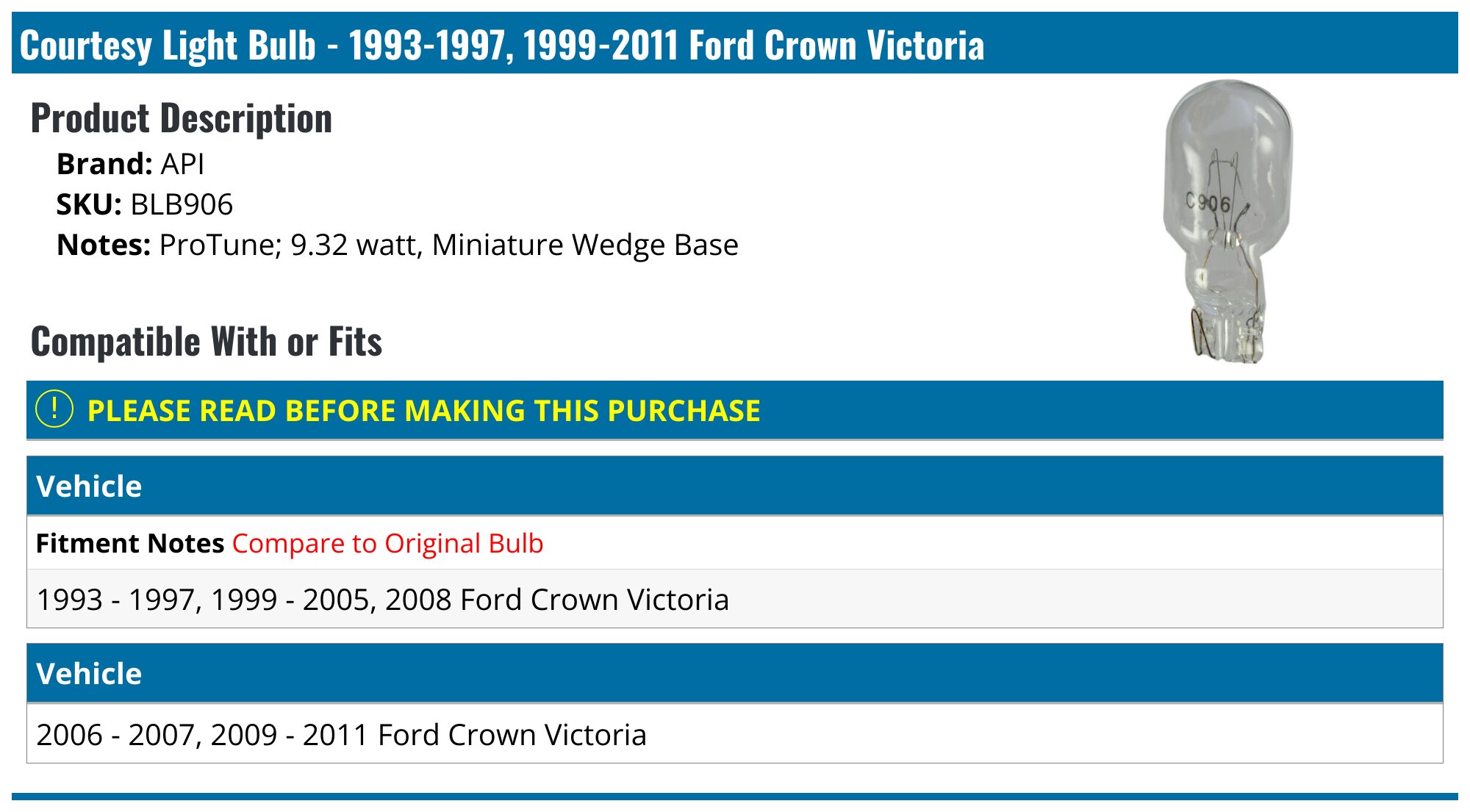 1993-1997, 1999-2011 Ford Crown Victoria Courtesy Light Bulb - API 5007 ...