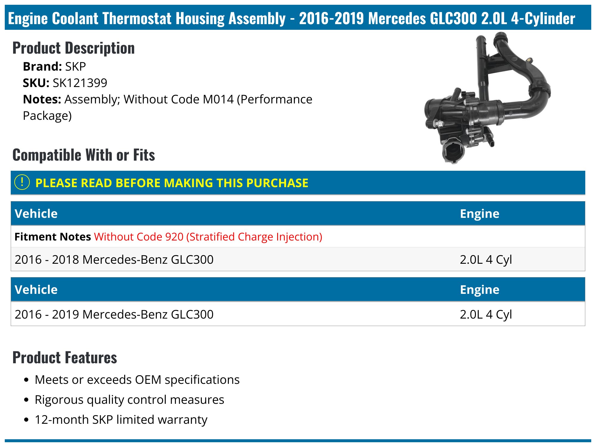 2016-2019 Mercedes GLC300 Thermostat Housing - SKP SK121399 - PartsGeek.com