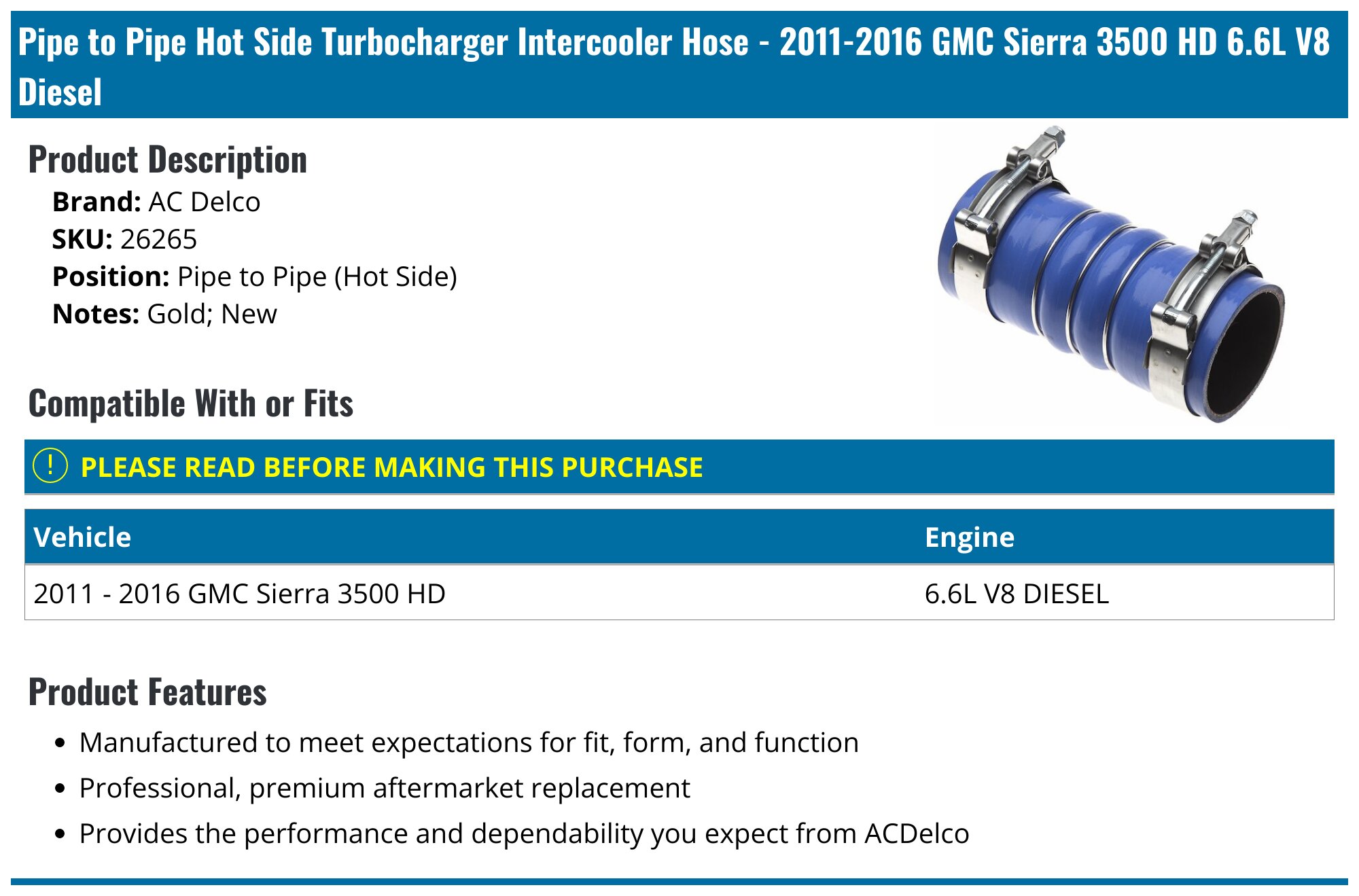 2011-2016 GMC Sierra 3500 HD Intercooler Hose - AC Delco 26265 - Pipe ...