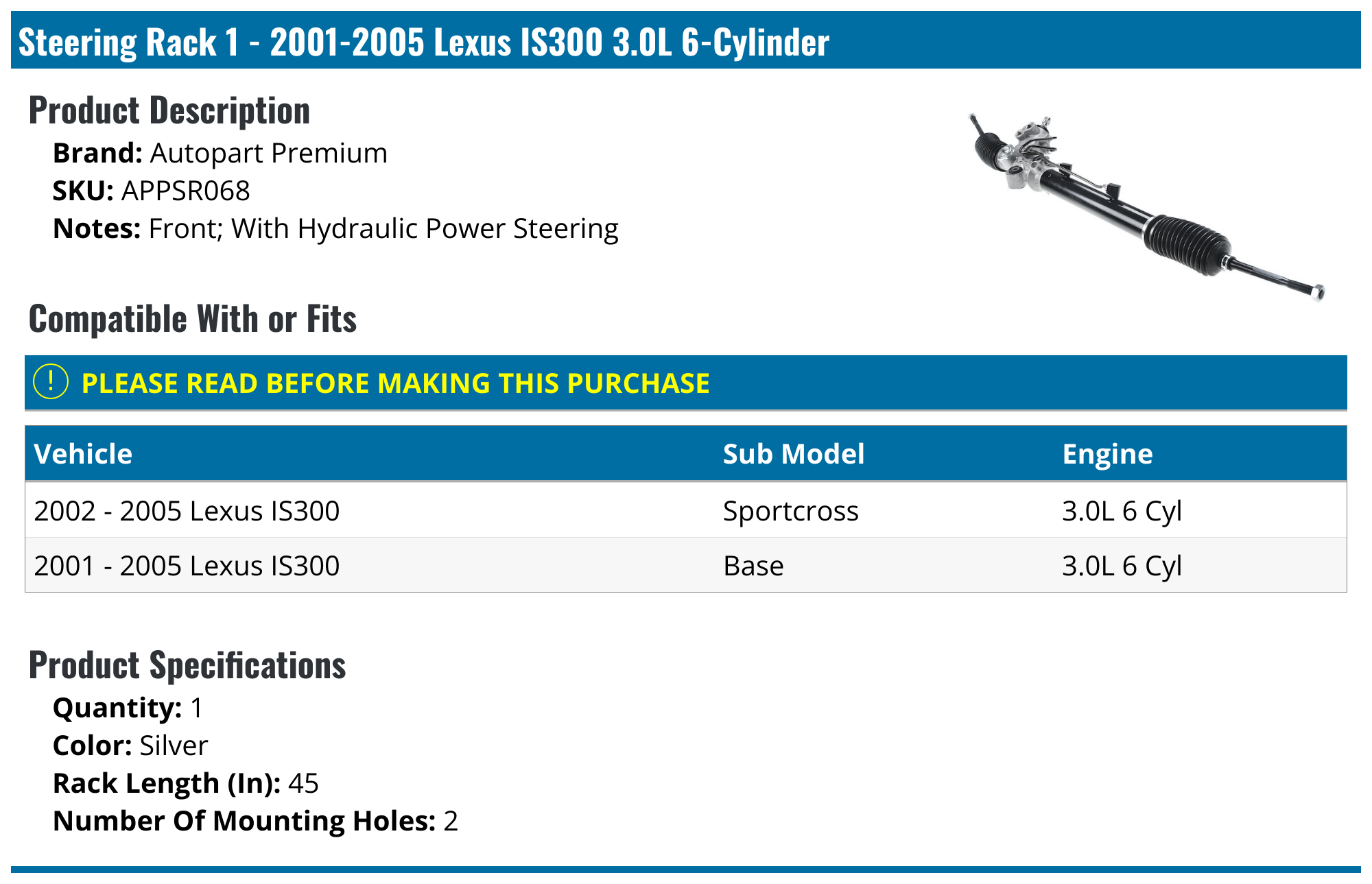 2001-2005 Lexus IS300 Steering Rack - Autopart Premium APPSR068 ...