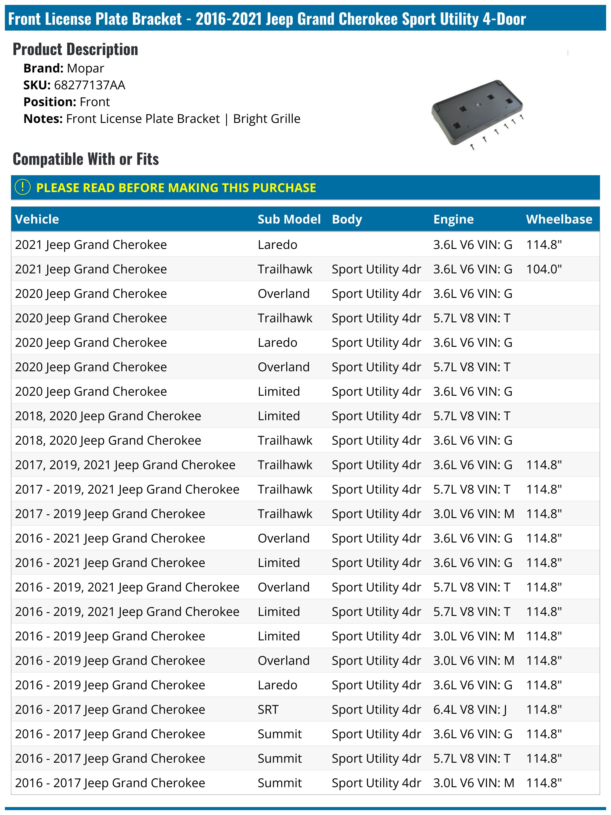 2016-2021 Jeep Grand Cherokee License Plate Bracket - Mopar 68277137AA ...