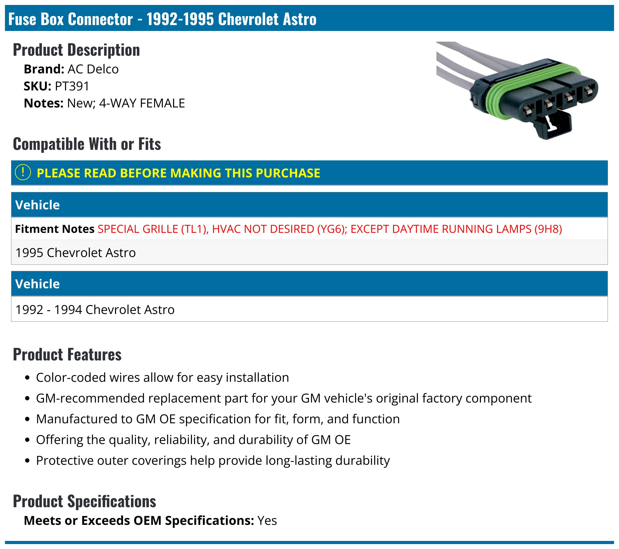 1992-1995 Chevrolet Astro Fuse Box Connector - AC Delco PT391 ...