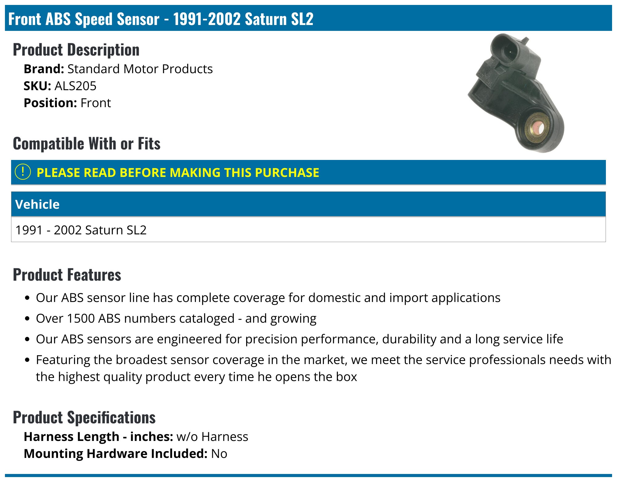 1991-2002 Saturn SL2 ABS Speed Sensor - Standard Motor Products ALS205 ...
