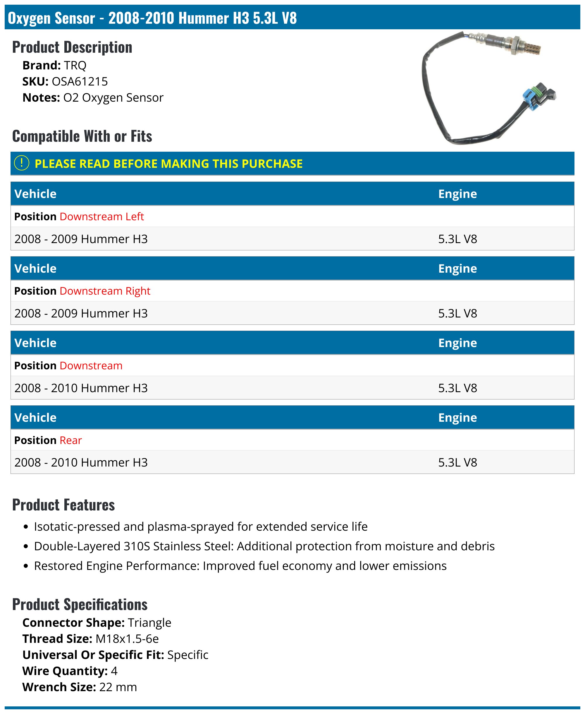 2008-2010 Hummer H3 Oxygen Sensor - TRQ OSA61215 - Downstream Right ...