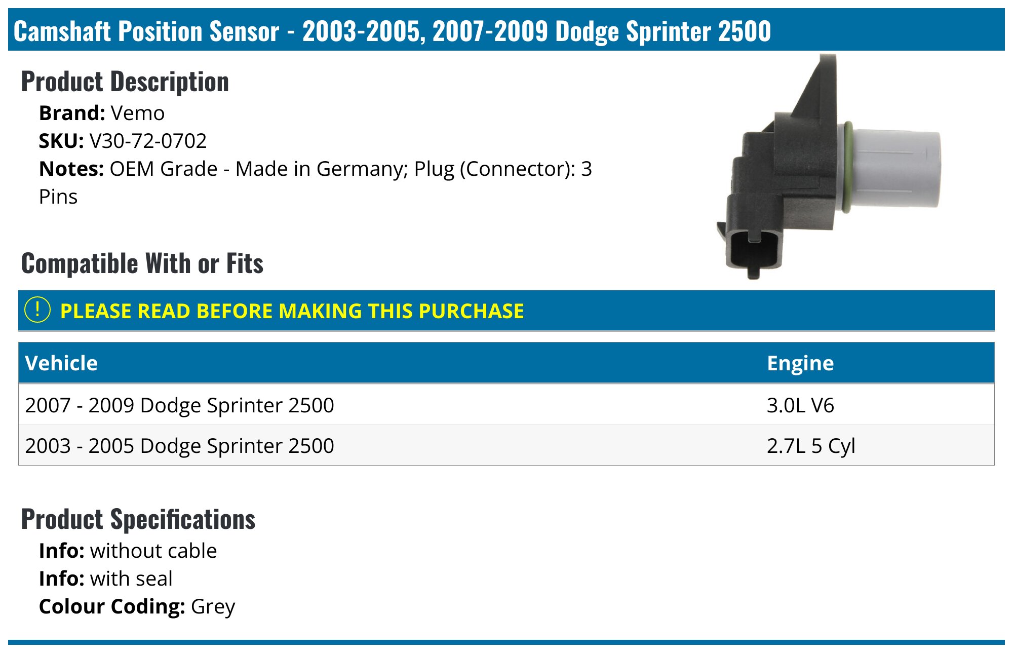 2003-2005, 2007-2009 Dodge Sprinter 2500 Camshaft Position Sensor ...