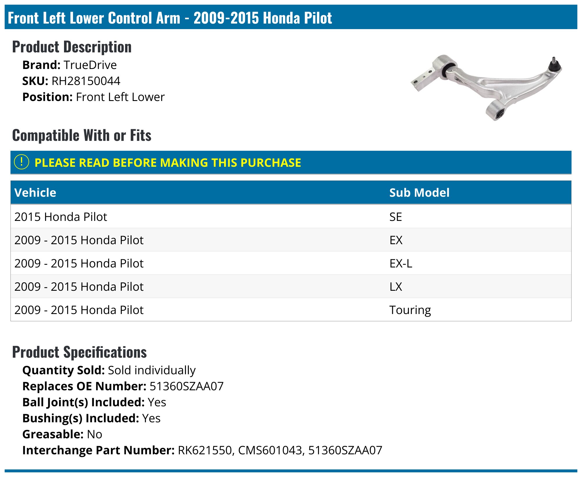 2009-2015 Honda Pilot Control Arm - TrueDrive RH28150044 - Front Left ...