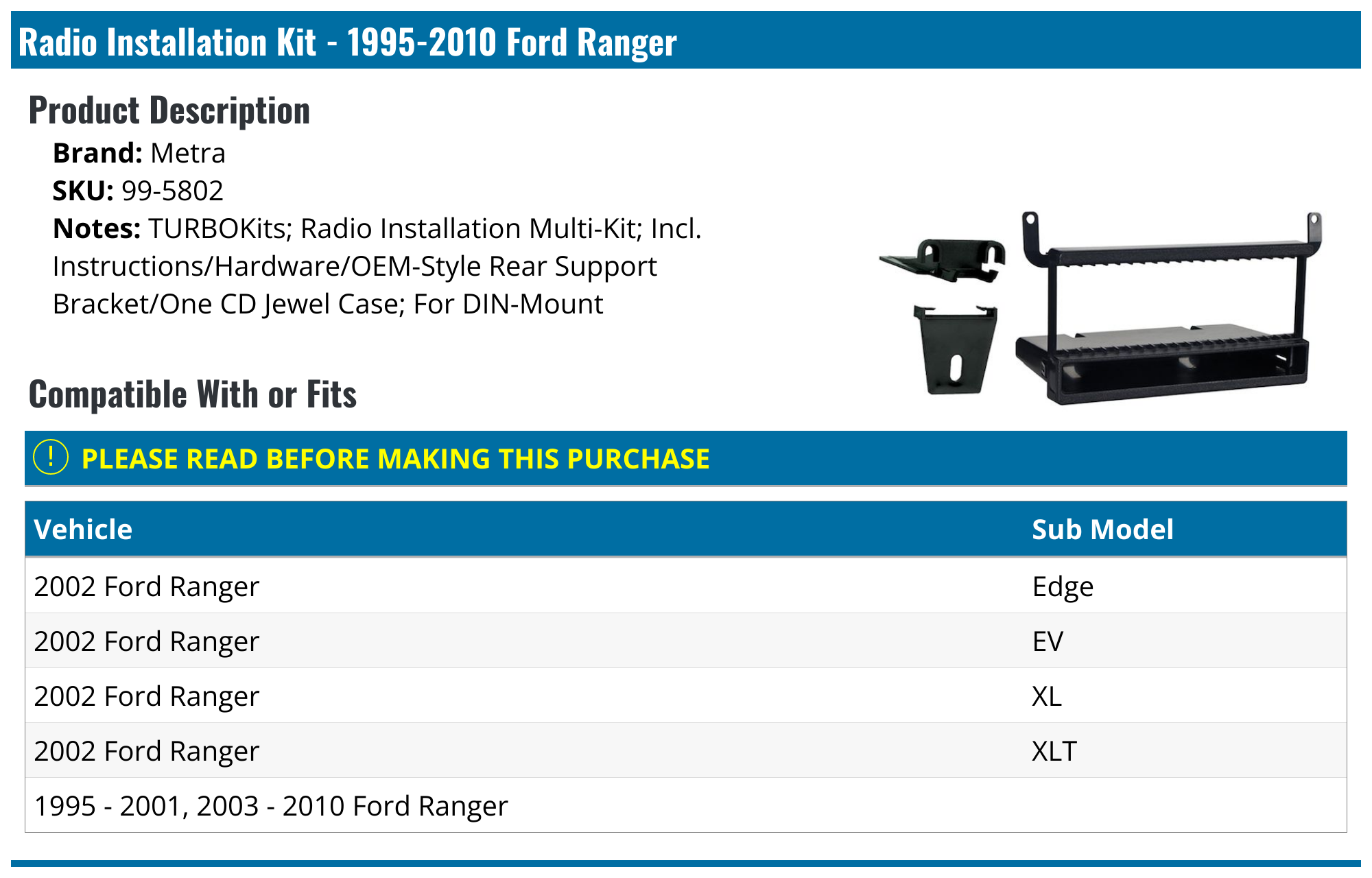 1995-2010 Ford Ranger Radio Installation Kit - Metra 99-5802 ...
