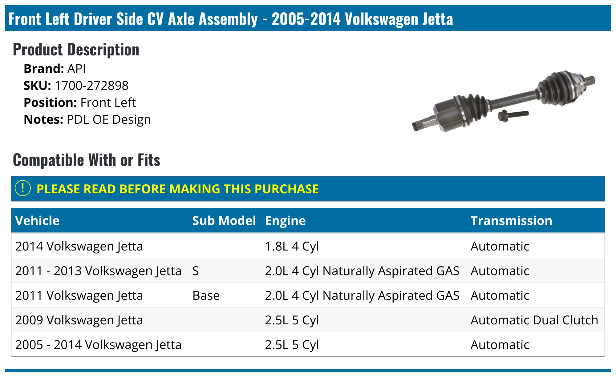VW Volkswagen Jetta Axle - Drive Axles - API Autopart Premium DriveBolt ...