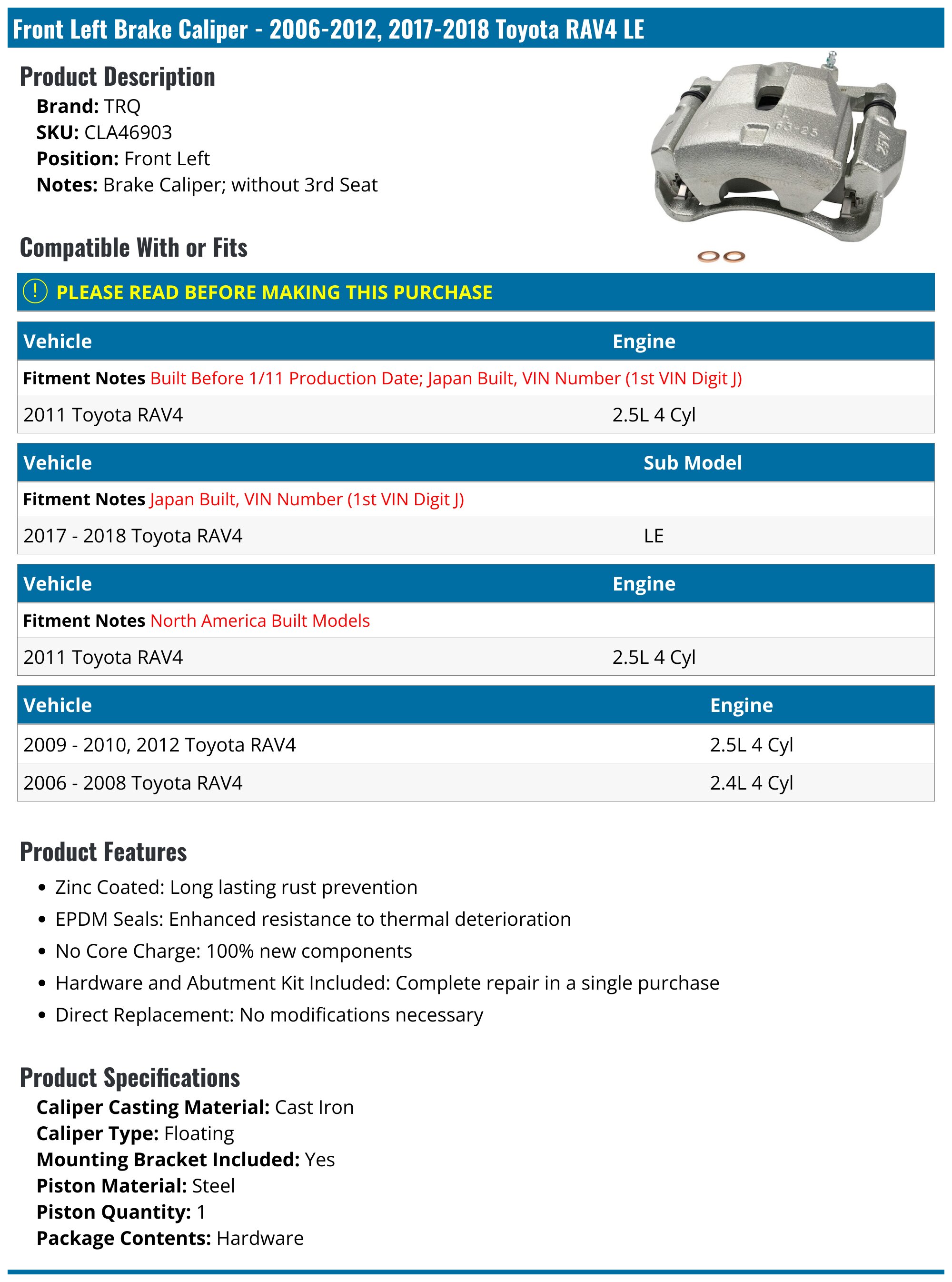 2006-2012, 2017-2018 Toyota RAV4 Brake Caliper - TRQ CLA46903 - Front ...