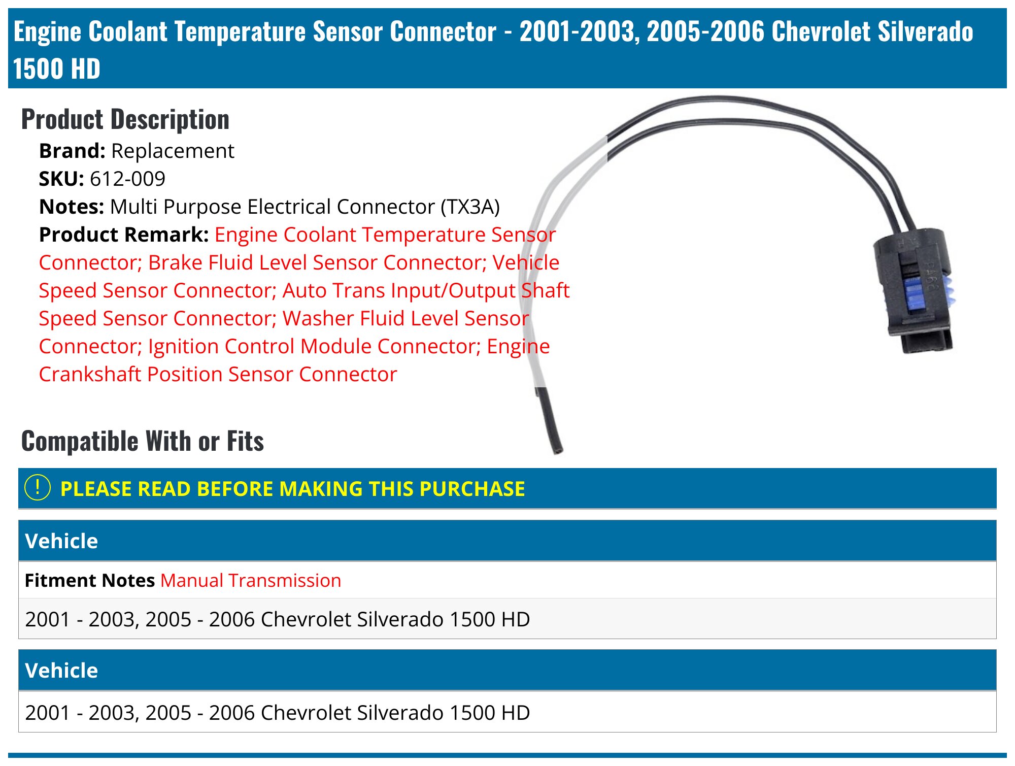 2001-2003, 2005-2006 Chevrolet Silverado 1500 HD Engine Coolant ...