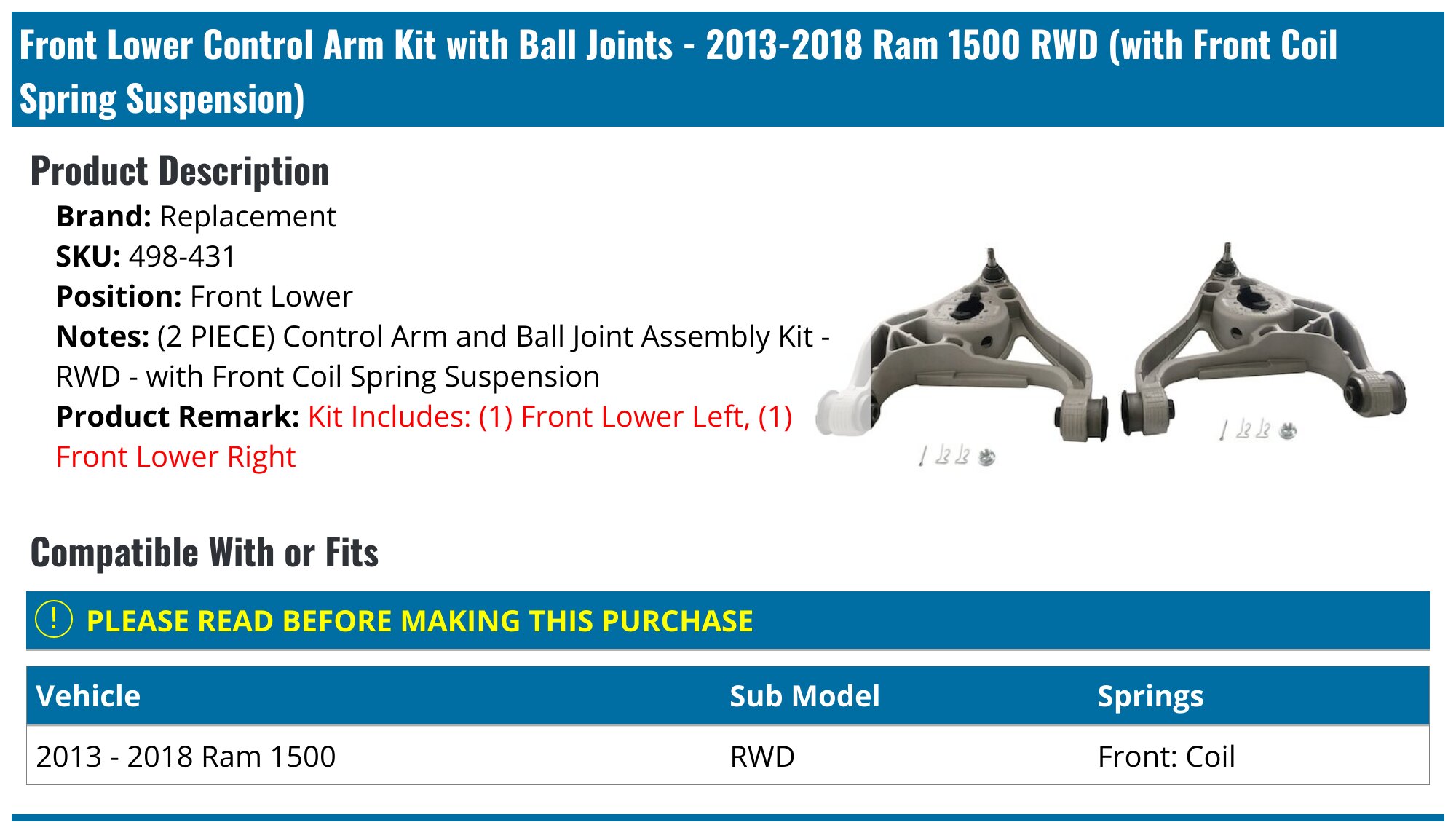 2013-2018 Ram 1500 Control Arm - Replacement 498-431 - Front Lower ...