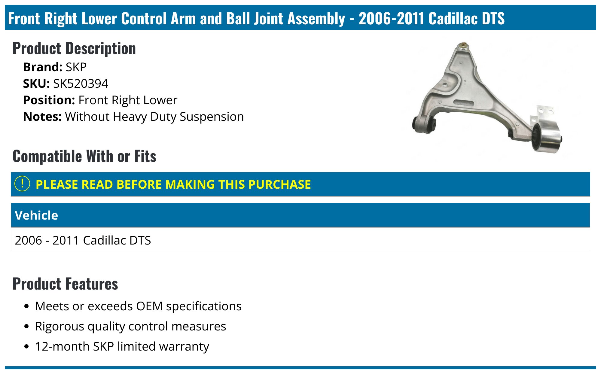 2006-2011 Cadillac DTS Control Arm - SKP SK520394 - Front Right Lower ...