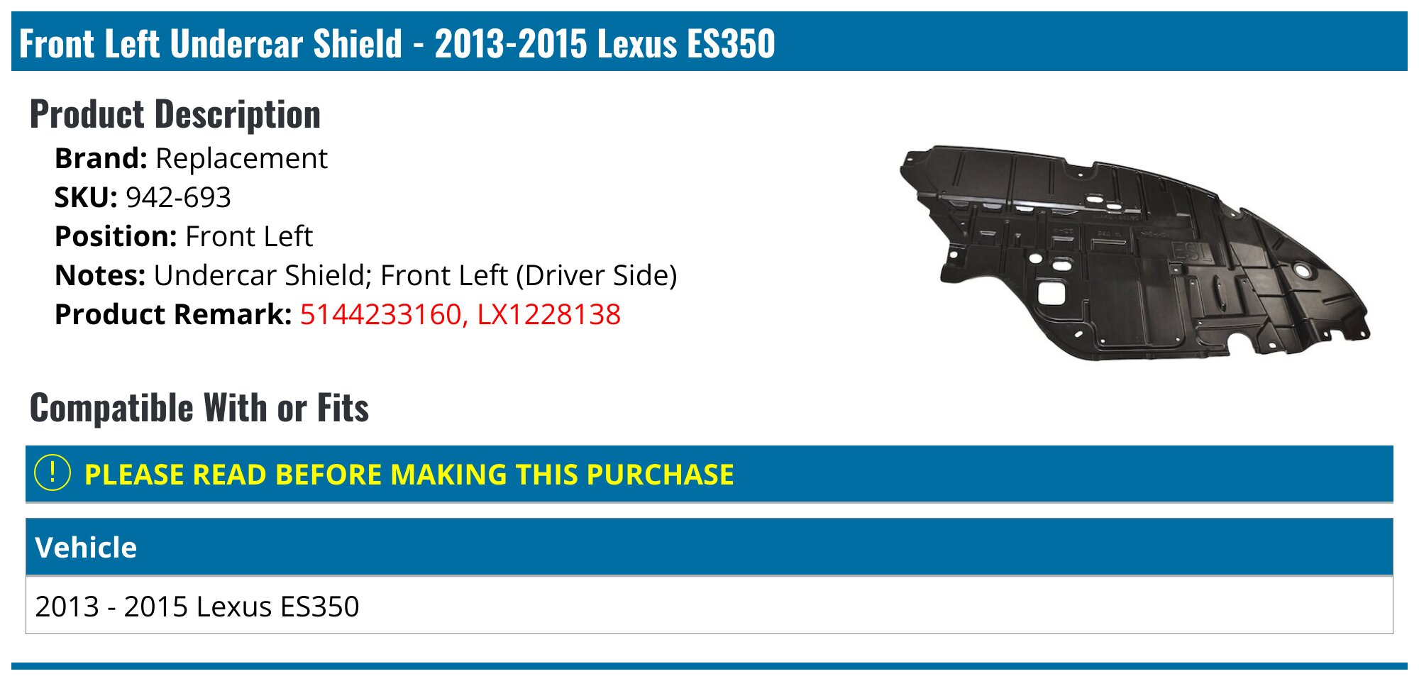 2013-2015 Lexus ES350 Lower Engine Cover - Replacement 942-693 - Front ...