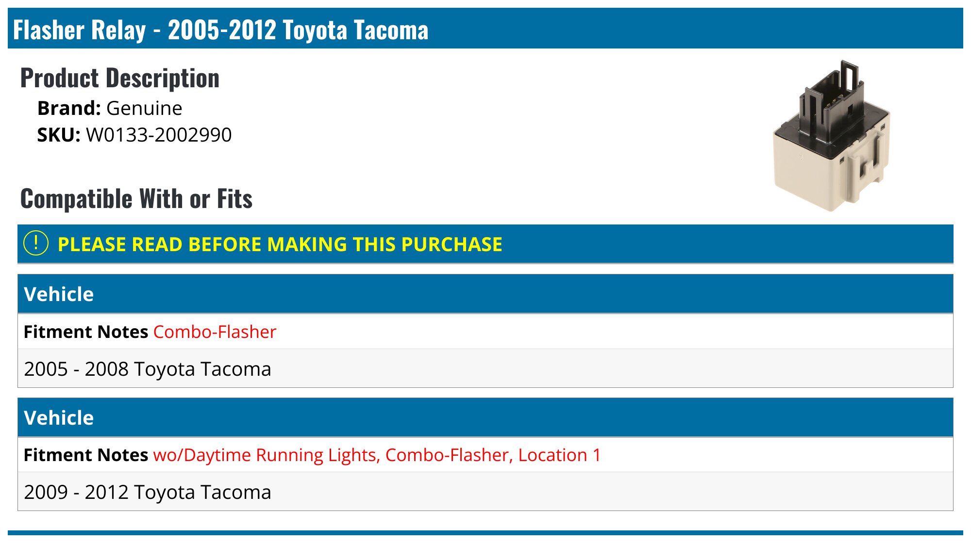 2005-2012 Toyota Tacoma Flasher Relay - Genuine W0133-2002990 ...