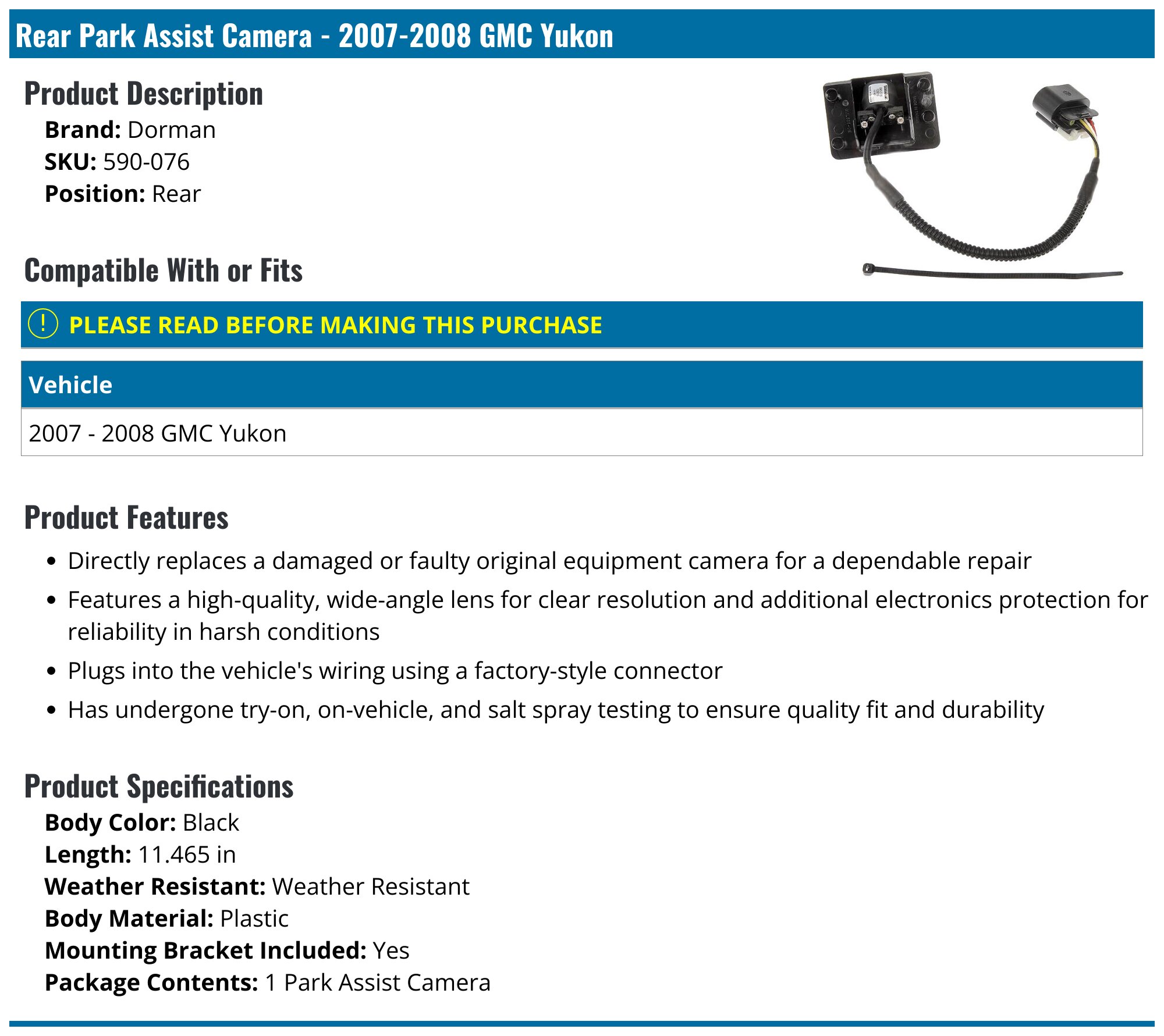 2007-2008 GMC Yukon Backup Camera - Dorman 590-076 - Rear - PartsGeek.com