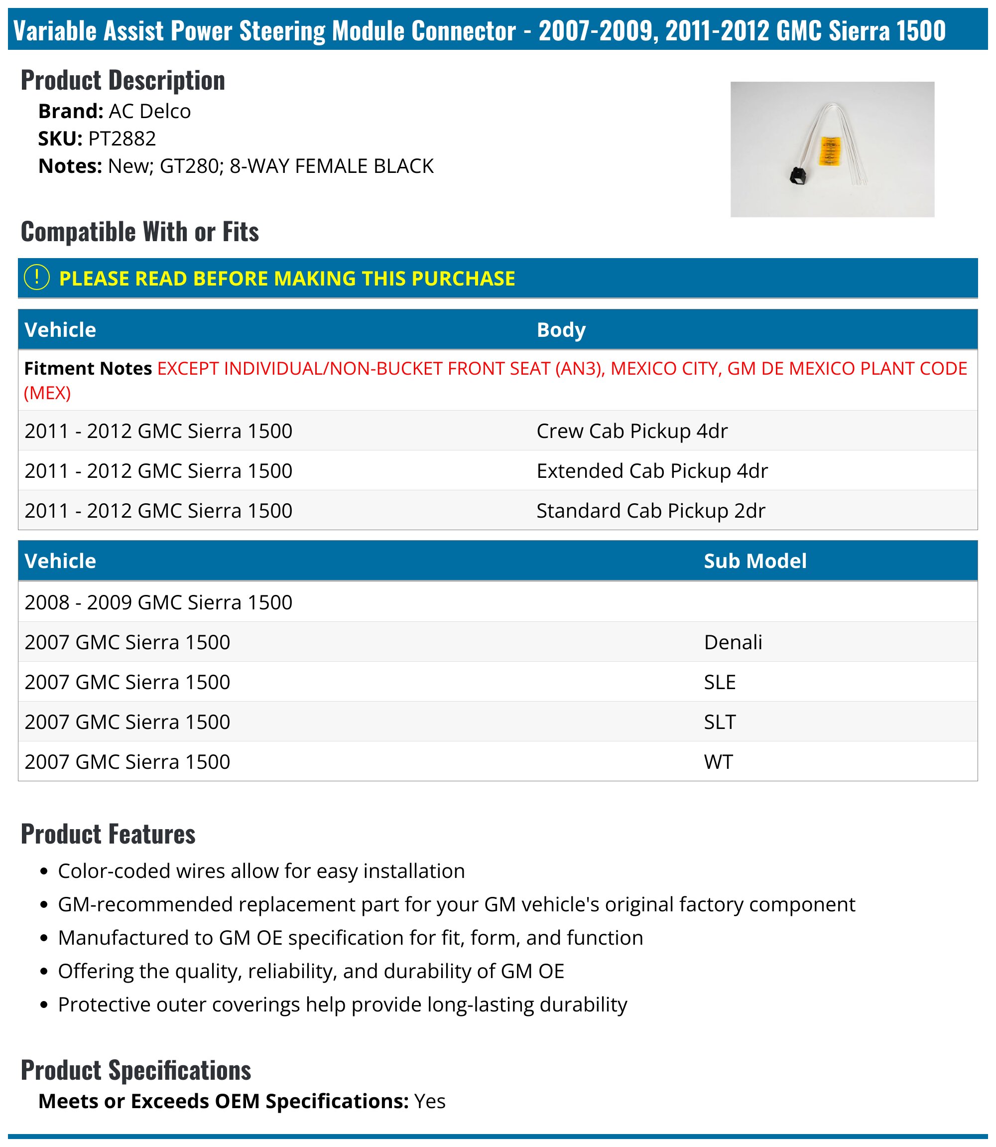 2007-2009, 2011-2012 GMC Sierra 1500 Variable Assist Power Steering ...