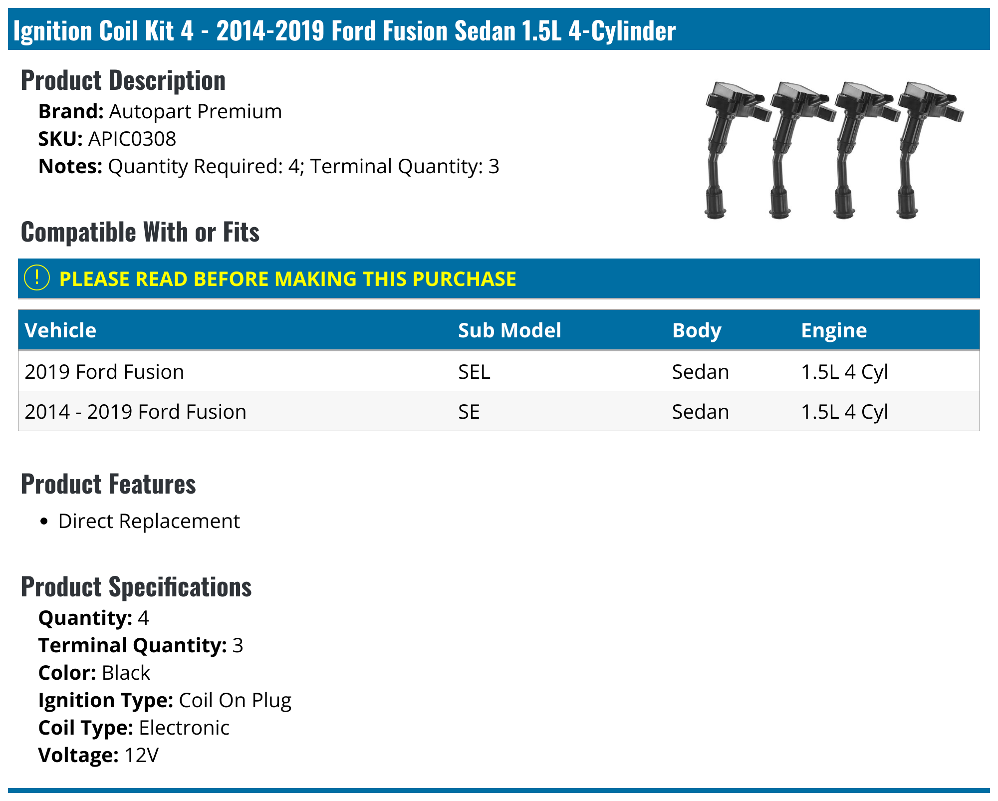 2014-2019 Ford Fusion Ignition Coil - Autopart Premium APIC0308 ...