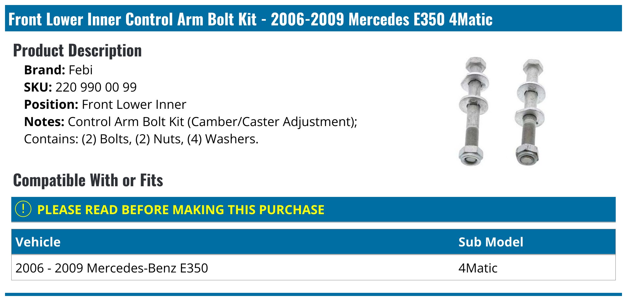 2006-2009 Mercedes E350 Control Arm Bolt Kit - Febi 220 990 00 99 ...