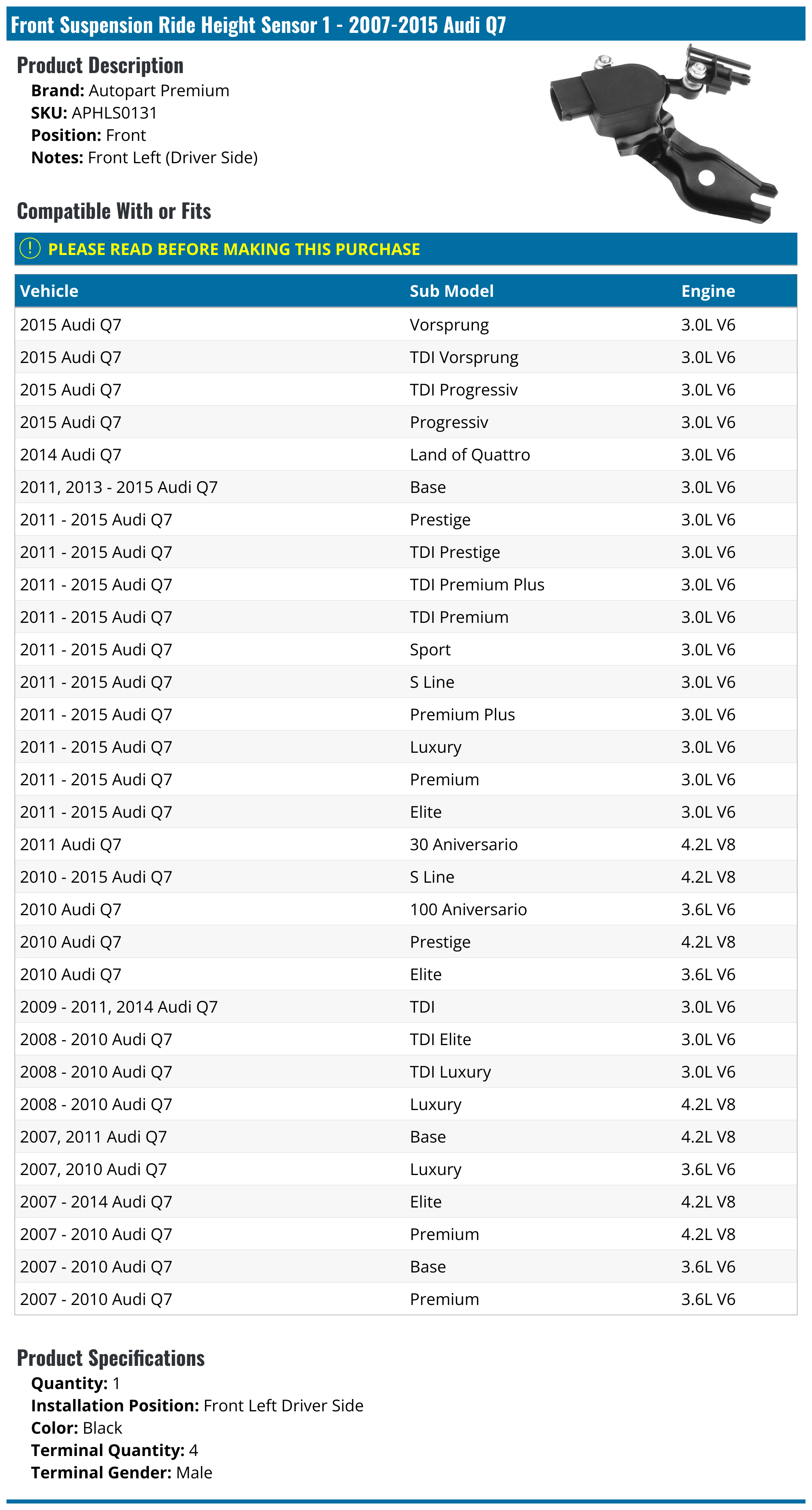 2007-2015 Audi Q7 Headlight Level Sensor - Autopart Premium APHLS0131 ...