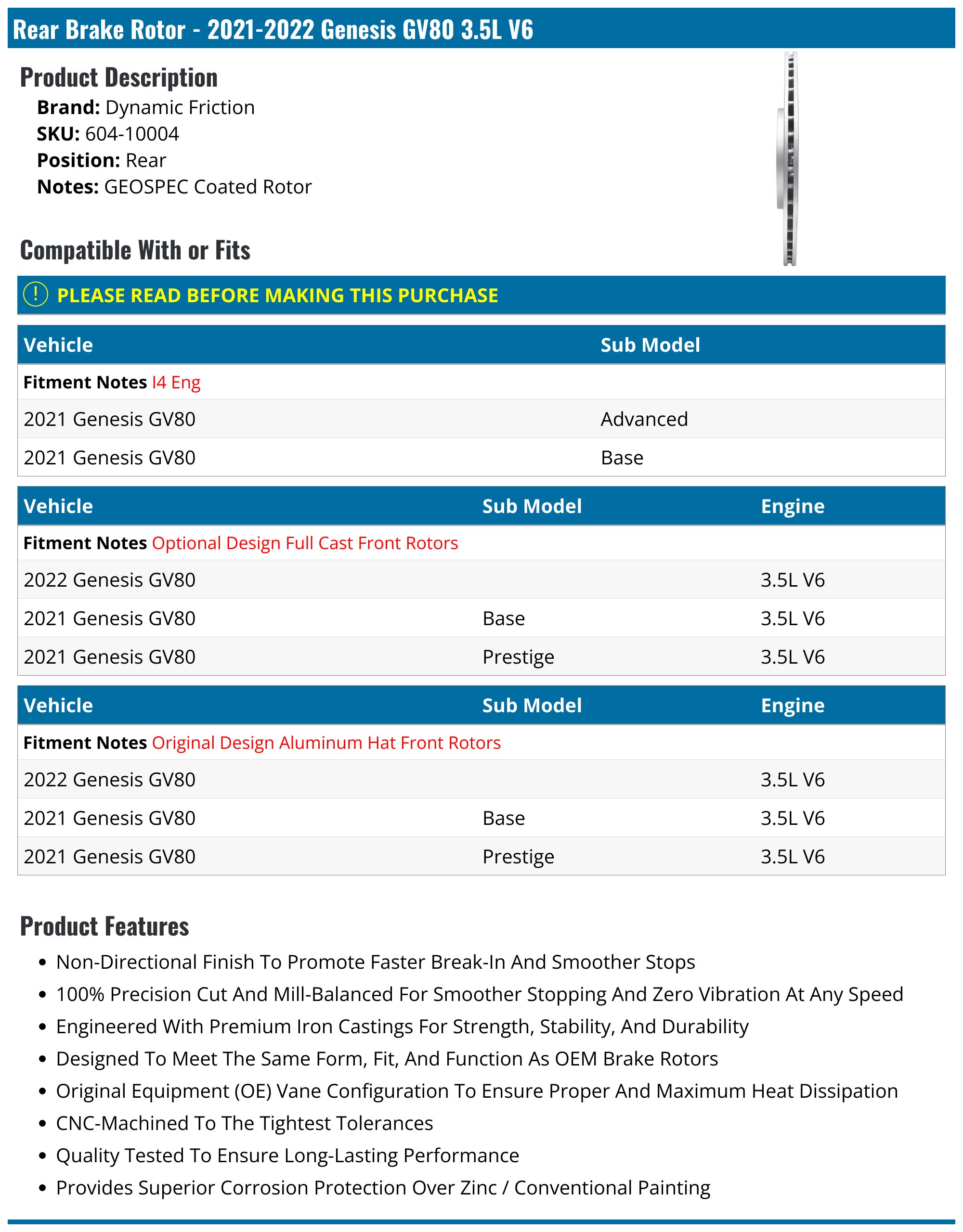 2021-2025 Genesis GV80 Brake Rotor - Dynamic Friction 604-10004 - Rear ...