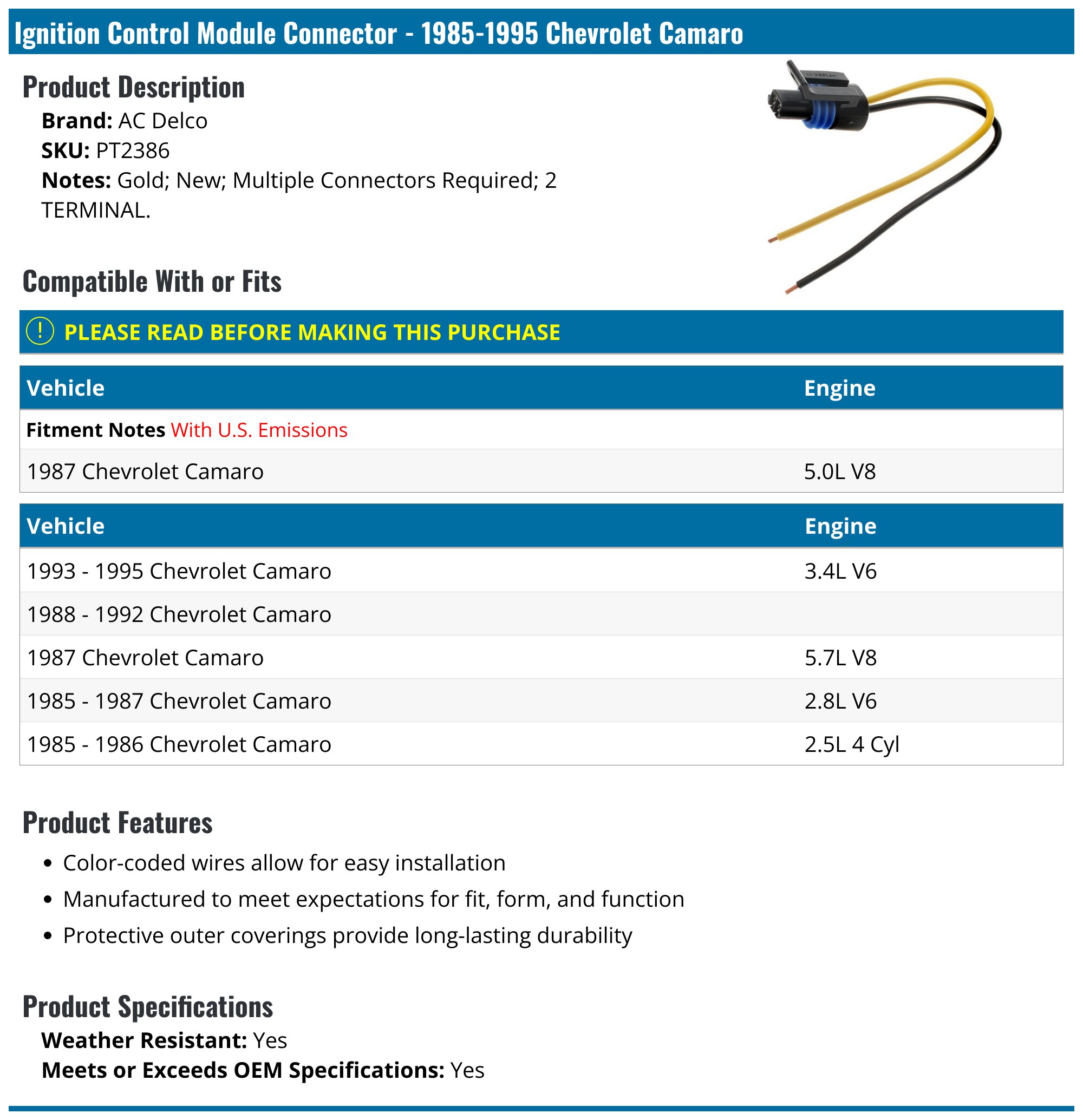 1985-1995 Chevrolet Camaro Ignition Control Module Connector - AC Delco ...