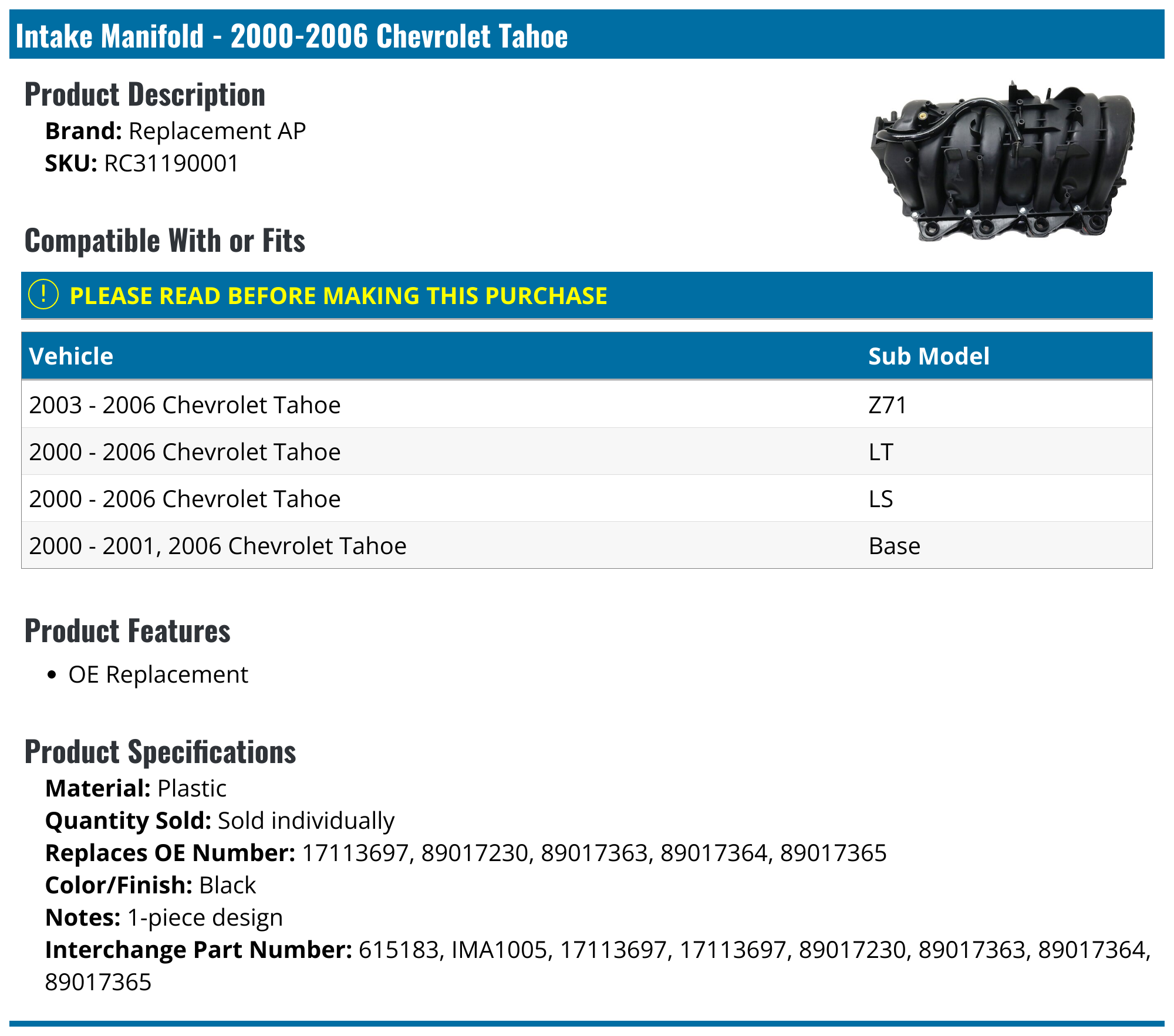 2000-2006 Chevrolet Tahoe Intake Manifold - Replacement AP RC31190001 ...