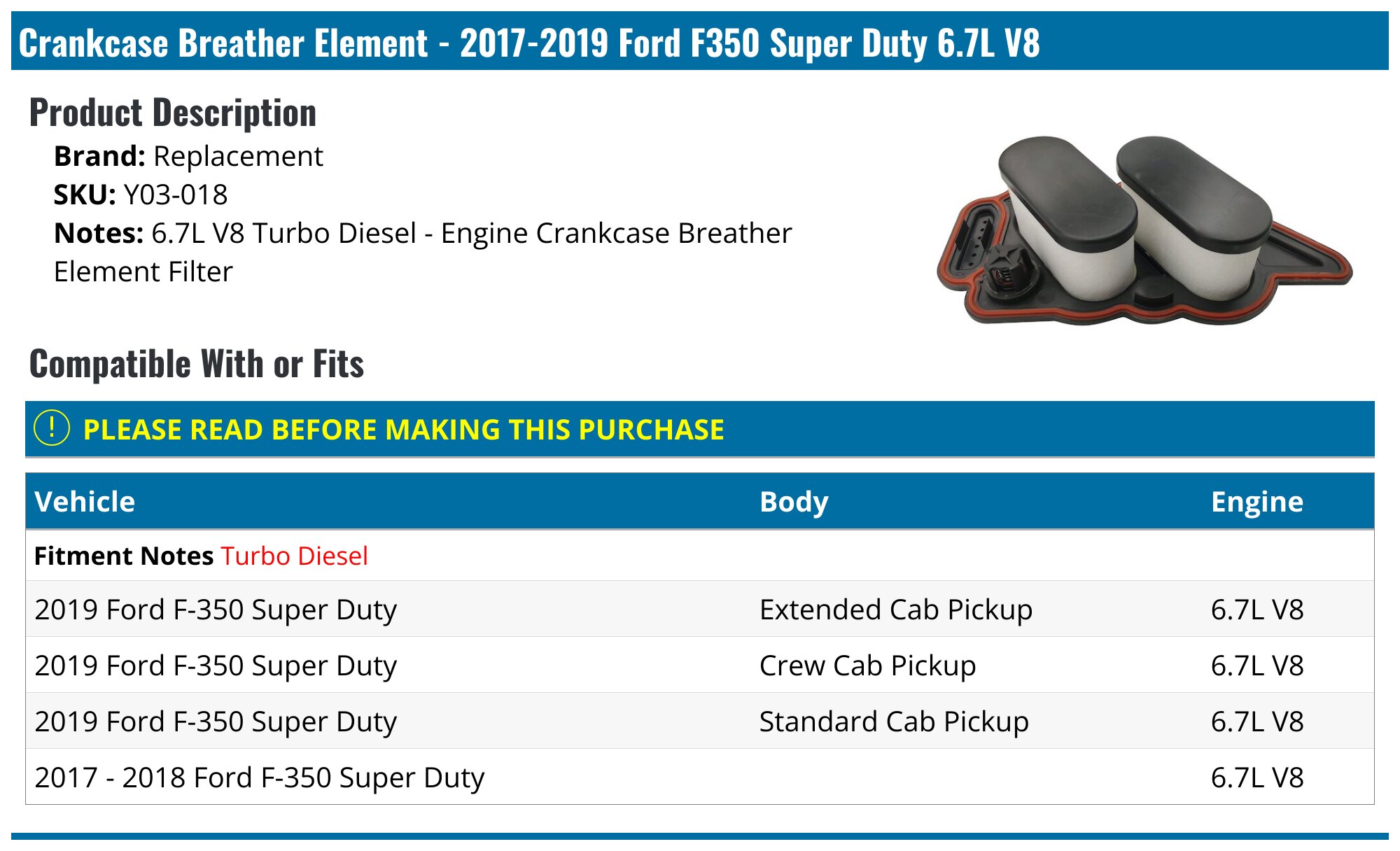 2017-2019 Ford F350 Super Duty Crankcase Breather Element - Replacement ...