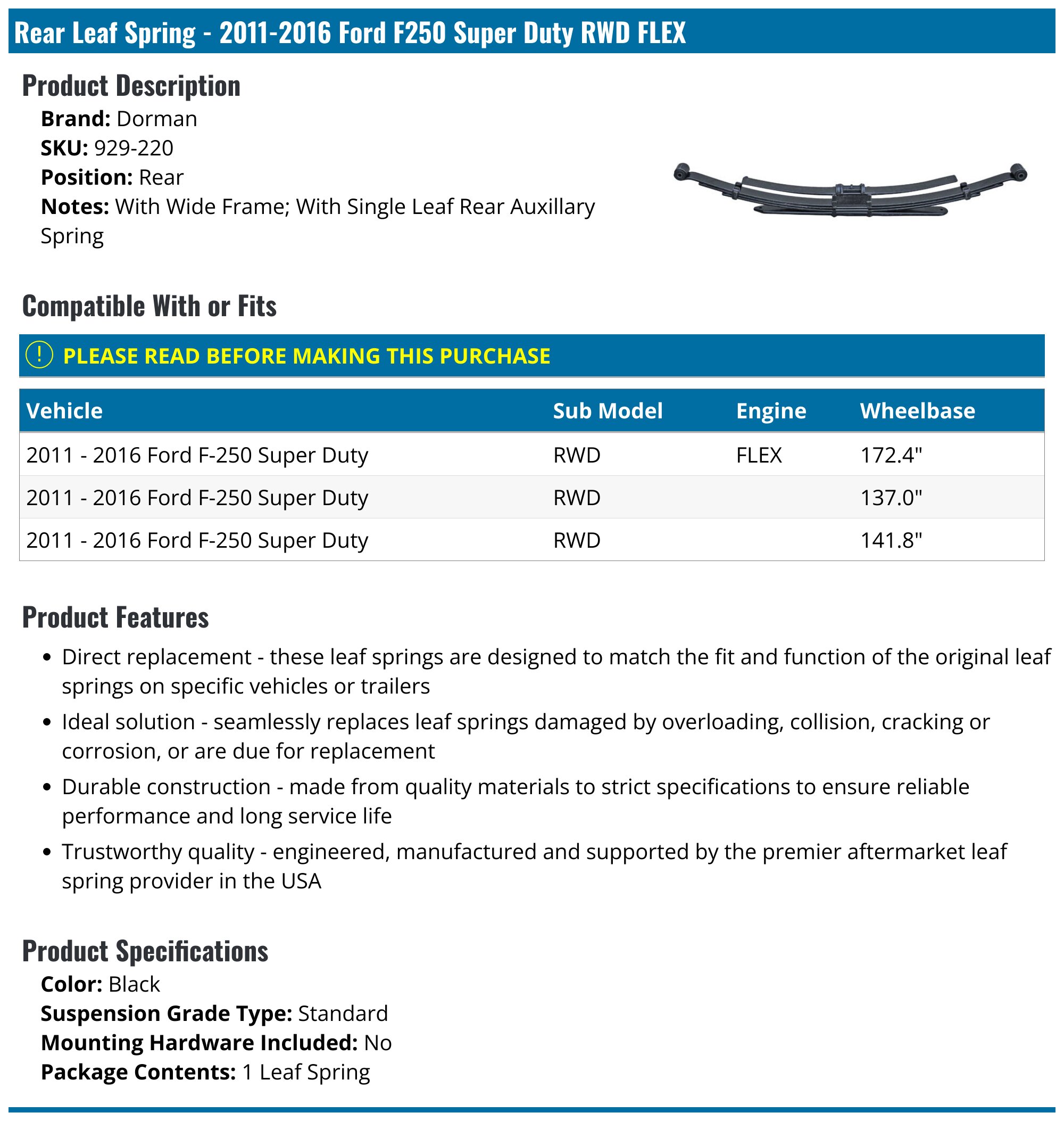 2011-2016 Ford F250 Super Duty Leaf Spring - Dorman 929-220 - Rear ...