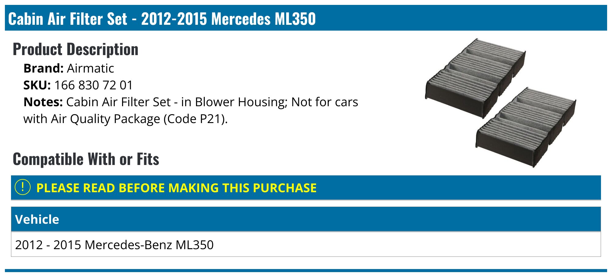2012-2015 Mercedes ML350 Cabin Air Filter - Airmatic 166 830 72 01 ...