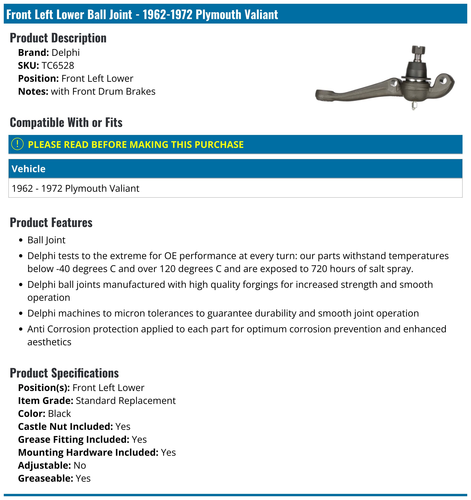 1962-1972 Plymouth Valiant Ball Joint - Delphi TC6528 - Front Left ...