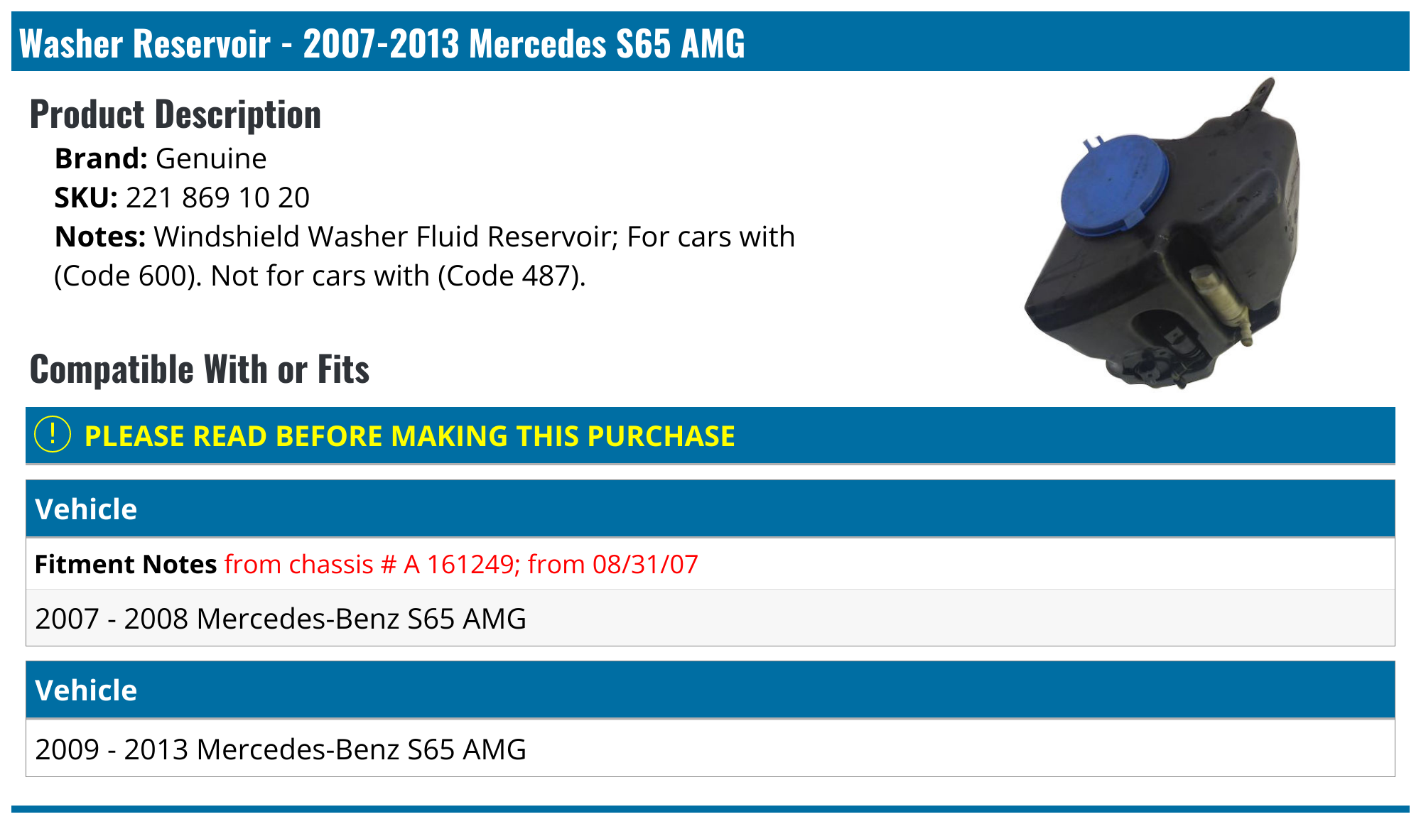 2007-2013 Mercedes S65 AMG Windshield Washer Tank - Genuine 221 869 10 ...