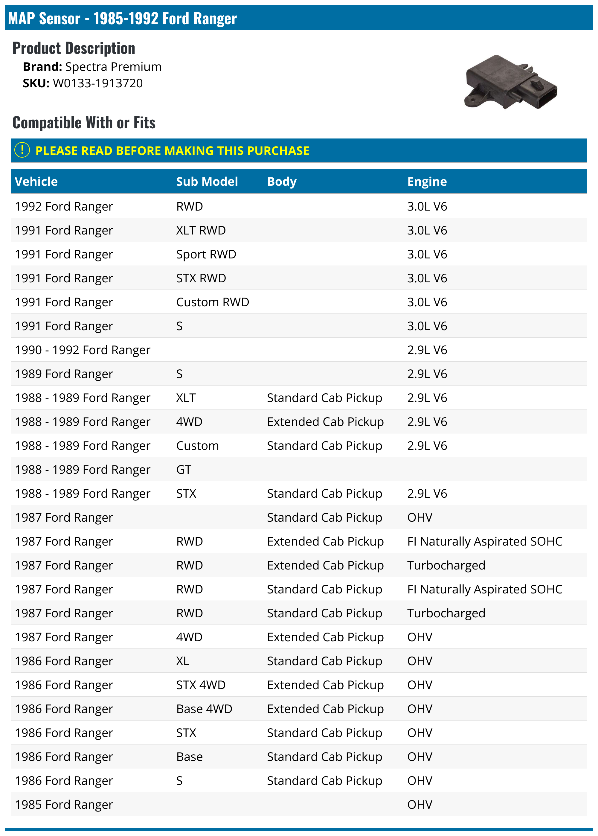 1985-1992 Ford Ranger MAP Sensor - Spectra Premium W0133-1913720 ...