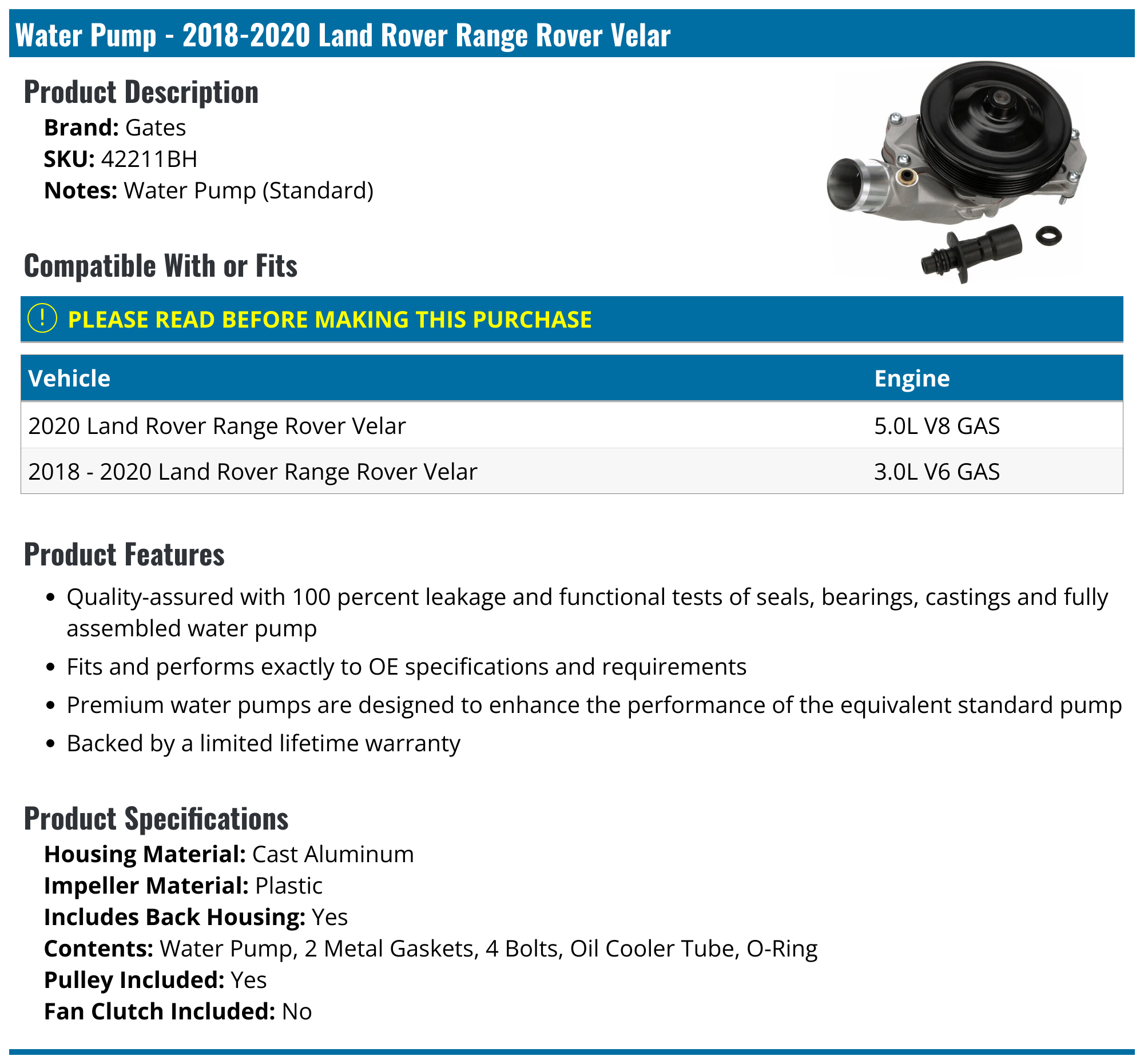 2018-2020 Land Rover Range Rover Velar Water Pump - Gates 42211BH ...
