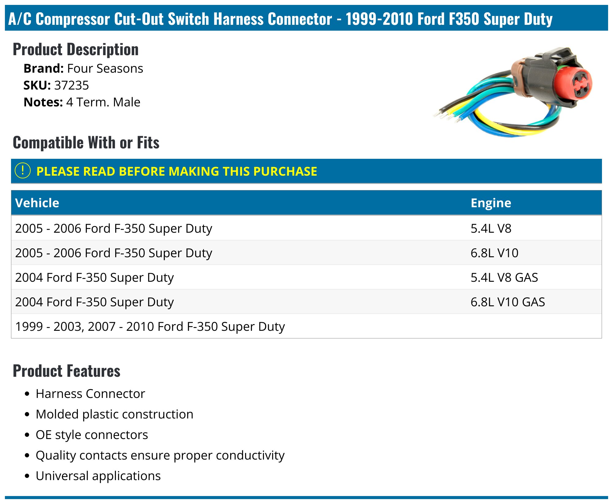 1999-2010 Ford F350 Super Duty A/C Compressor Cut-Out Switch Harness ...