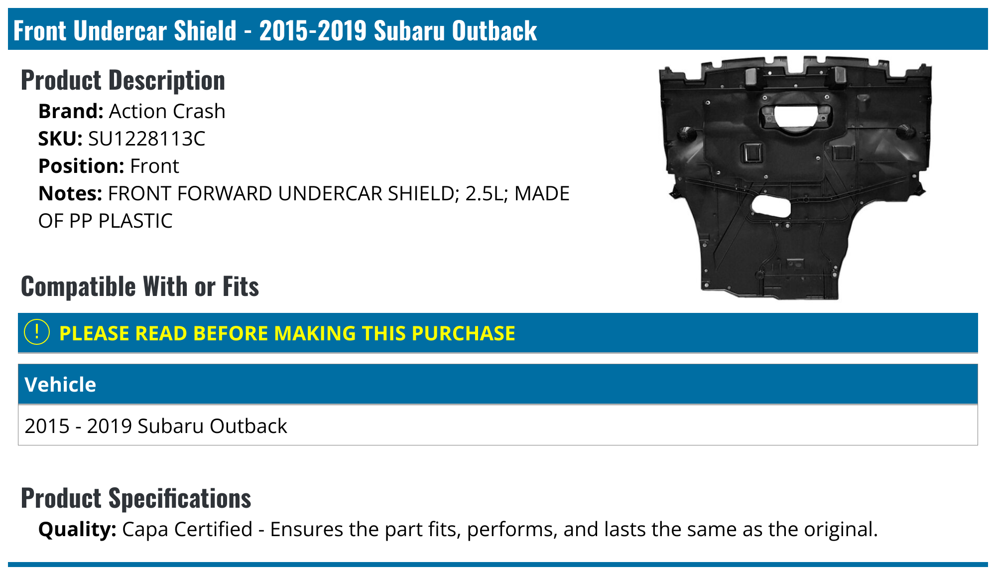 2015-2019 Subaru Outback Lower Engine Cover - Action Crash SU1228113C ...