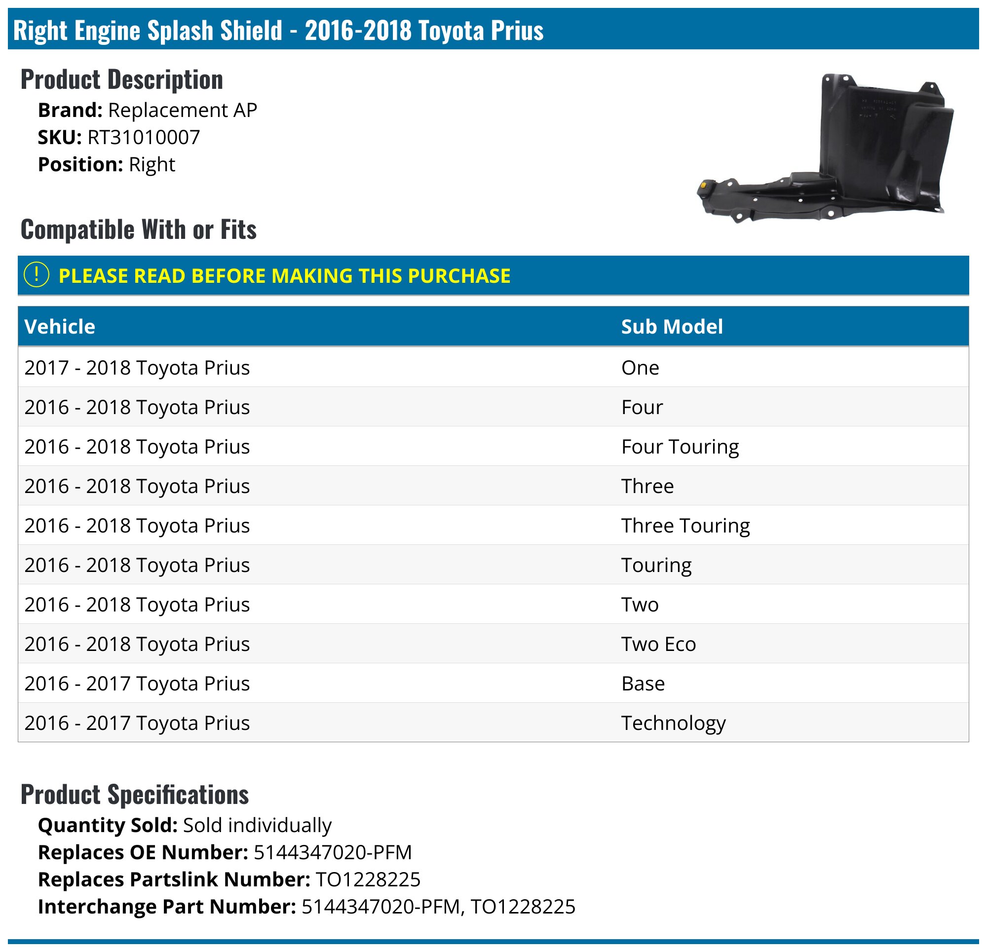 2016-2018 Toyota Prius Lower Engine Cover - Replacement AP RT31010007 ...