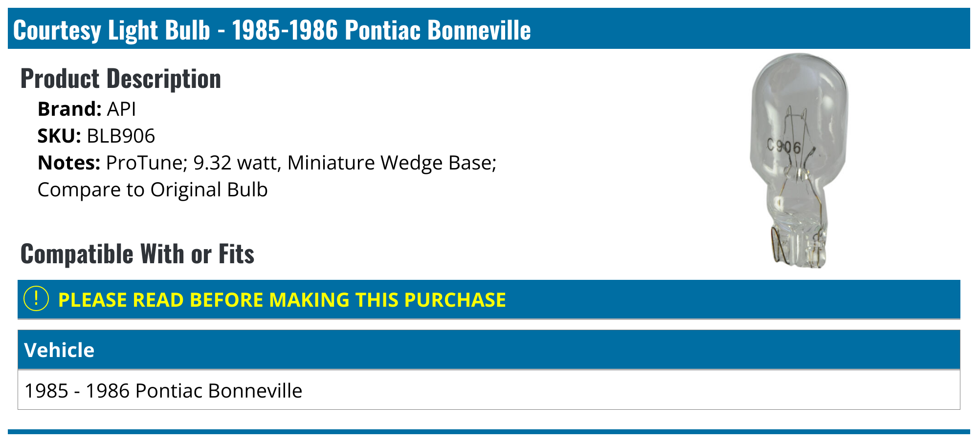 1985-1986 Pontiac Bonneville Courtesy Light Bulb - API 4620-07451637 ...