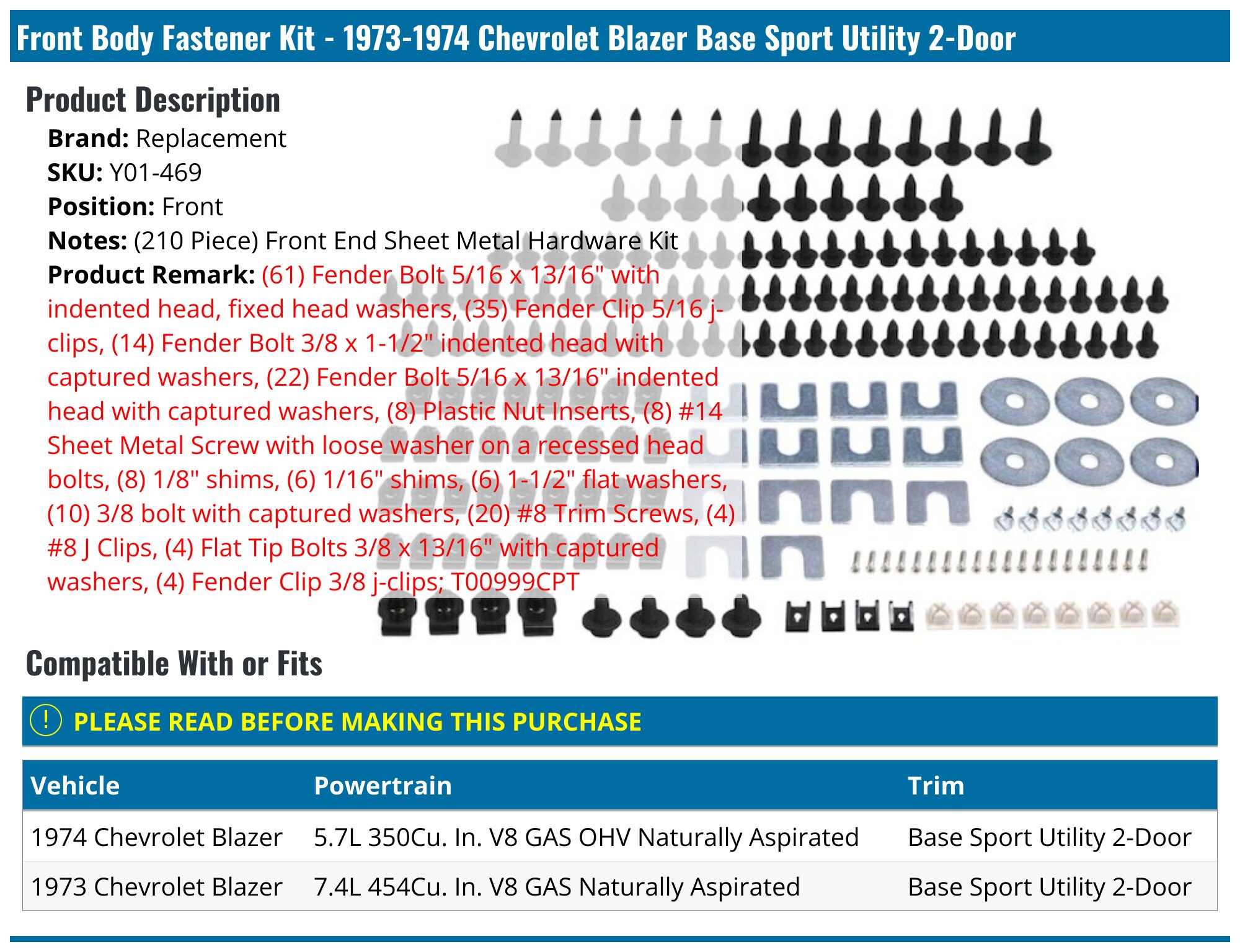 1973-1974 Chevrolet Blazer Body Fastener Kit - Replacement Y01-469 ...