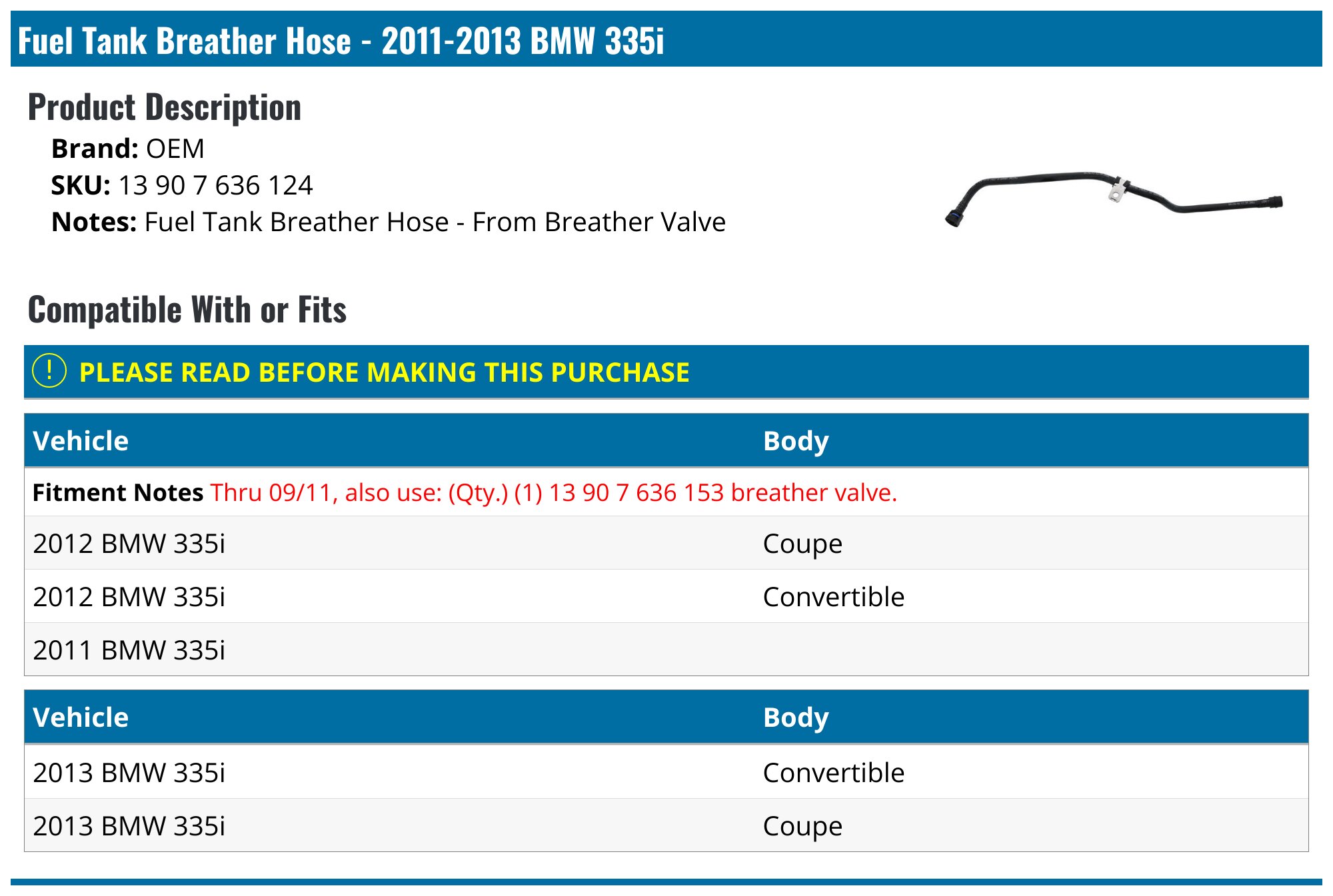 2011-2013 BMW 335i Fuel Tank Breather Hose - OEM 13 90 7 636 124 ...