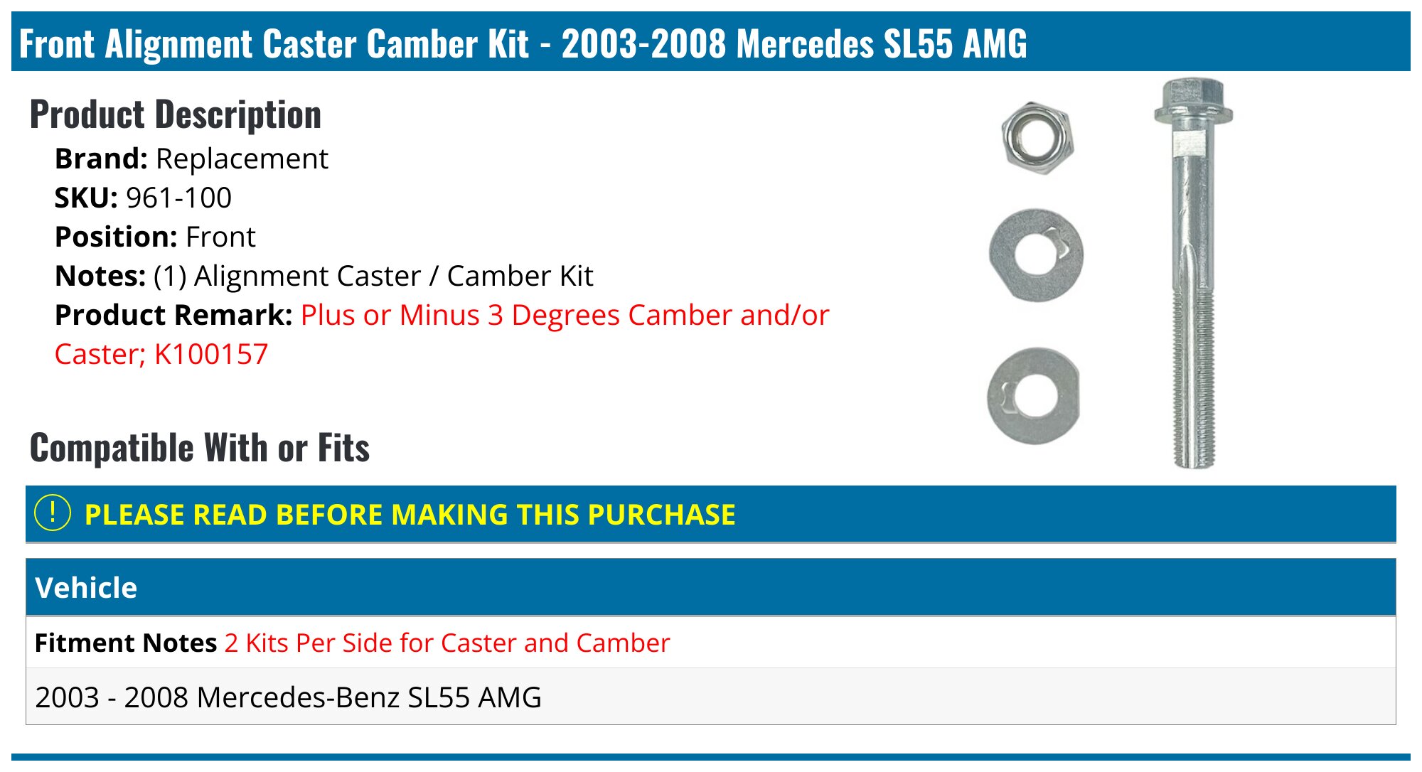 2003-2008 Mercedes SL55 AMG Alignment Caster Camber Kit - Replacement ...